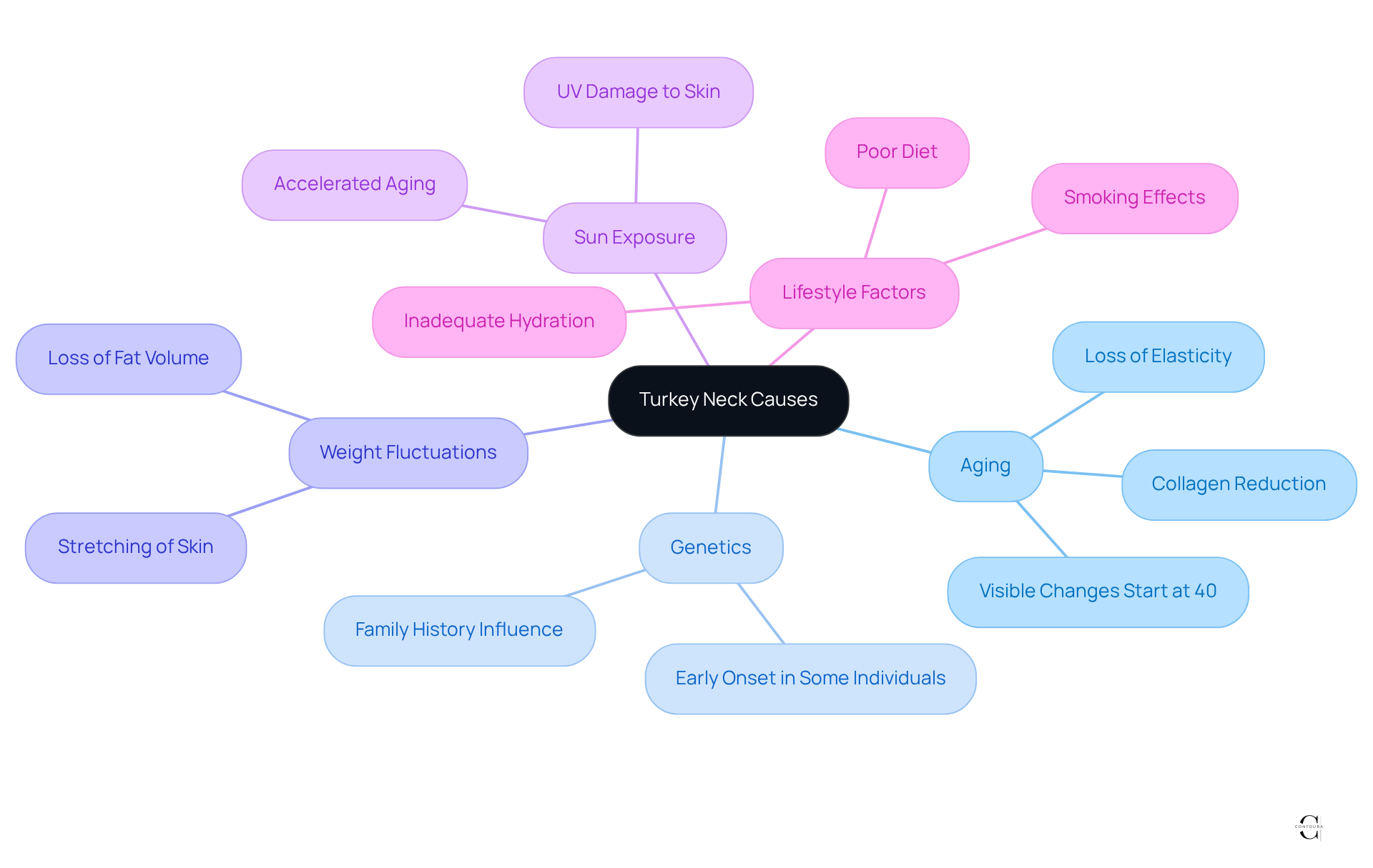 This mindmap shows the main causes of turkey neck. Start at the center with the term 'Turkey Neck', then follow the branches to see how each factor contributes to the condition. Each color represents a different cause, making it easy to understand how they relate. This mindmap shows the main causes of turkey neck. Start at the center with the term 'Turkey Neck', then follow the branches to see how each factor contributes to the condition. Each color represents a different cause, making it easy to understand how they relate.