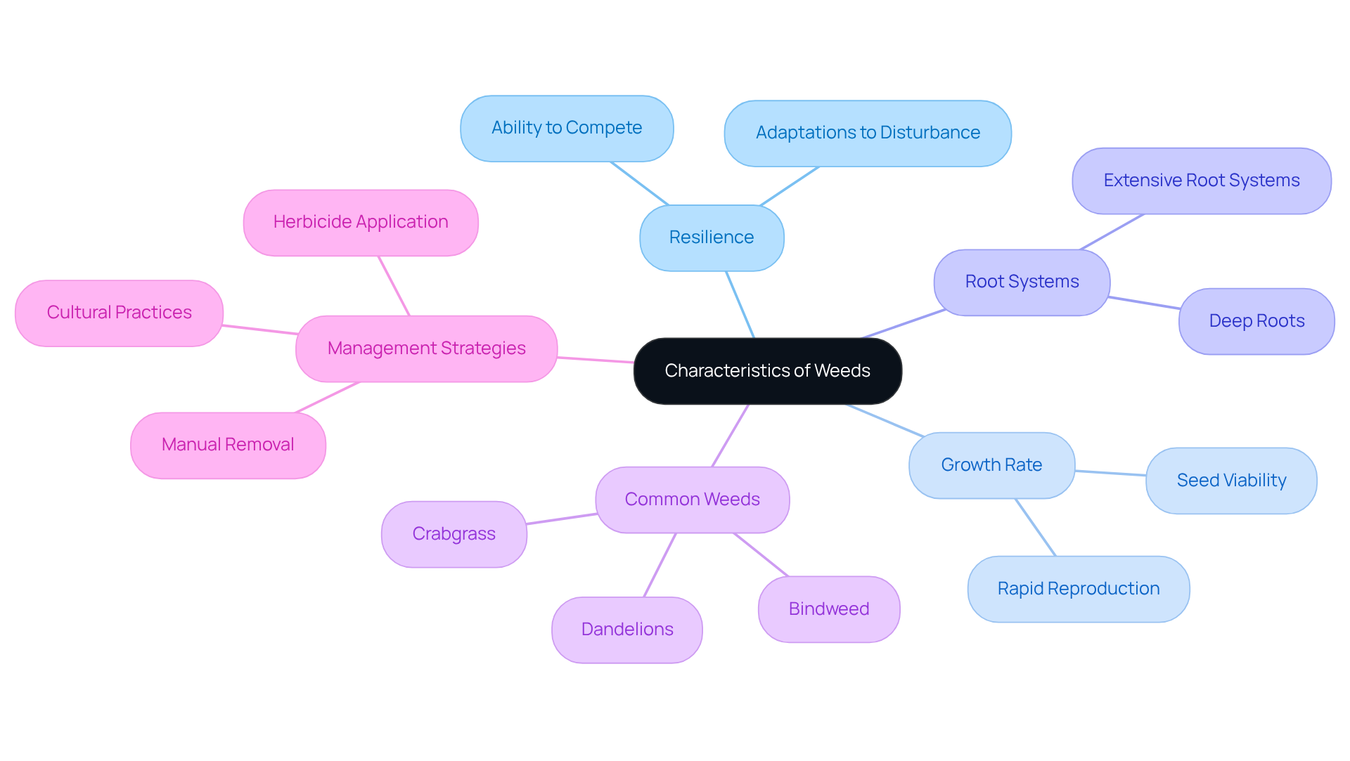 The central node represents the main topic of weeds, while the branches show their characteristics and how to manage them. Each color-coded branch helps you easily identify different aspects of weeds and their control methods. The central node represents the main topic of weeds, while the branches show their characteristics and how to manage them. Each color-coded branch helps you easily identify different aspects of weeds and their control methods.