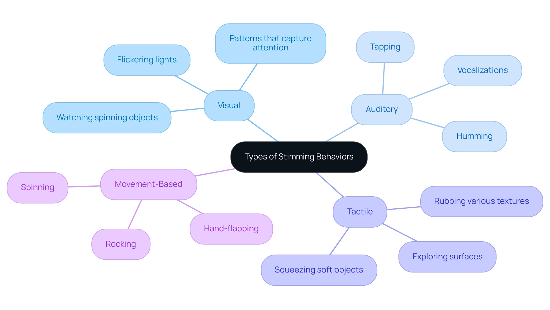 Each branch represents a category of stimming behaviors, with sub-branches providing specific examples. Different colors indicate distinct categories.