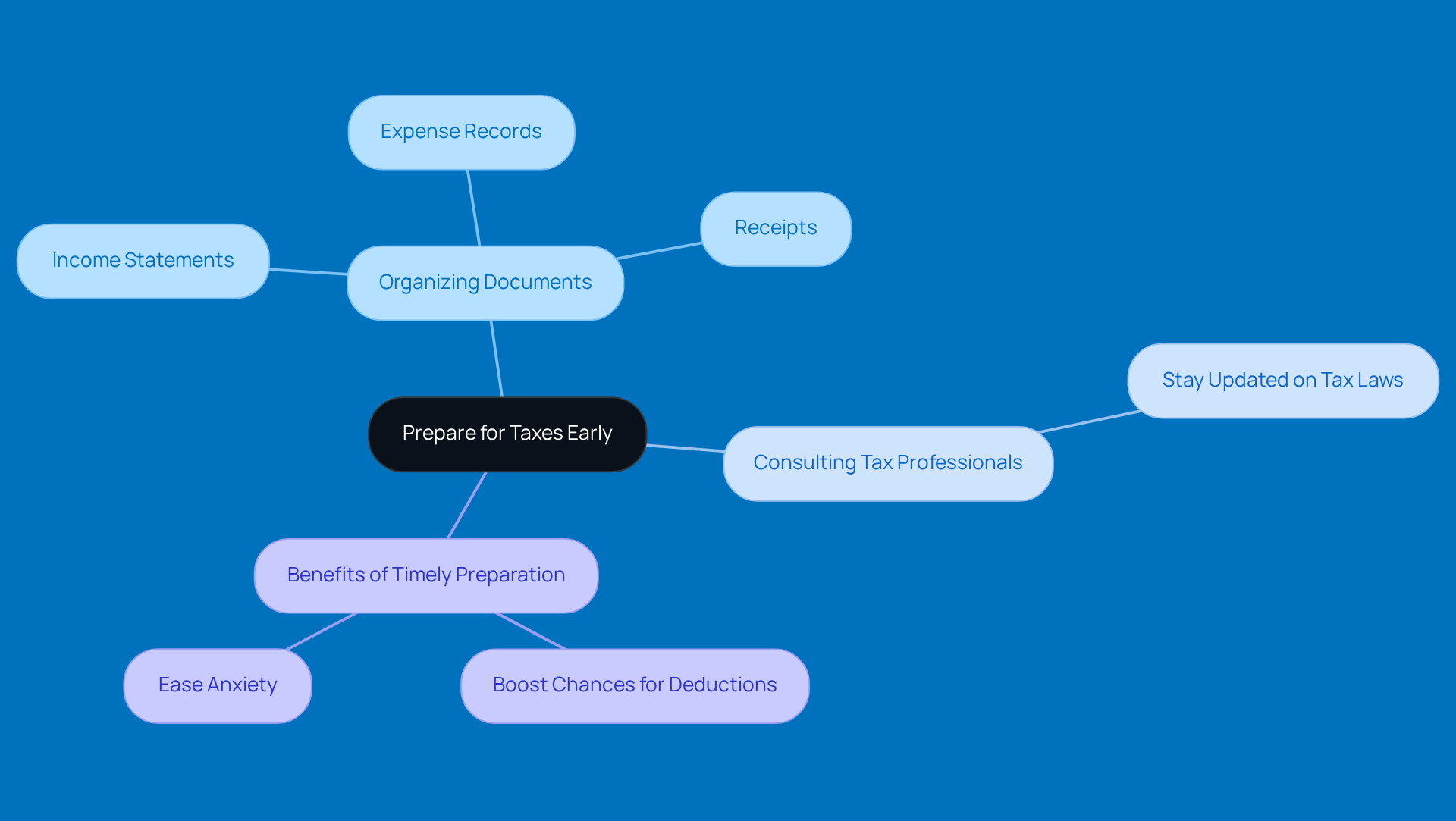 The central node represents the main idea of preparing for taxes early, while the branches show different strategies and benefits. Each color-coded branch helps you quickly identify key areas to focus on. The central node represents the main idea of preparing for taxes early, while the branches show different strategies and benefits. Each color-coded branch helps you quickly identify key areas to focus on.