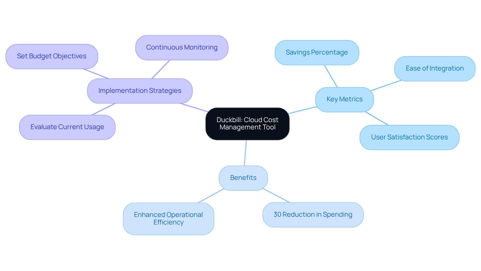 The central node represents Duckbill, while the branches show key metrics, benefits, and strategies for implementation. Each branch helps you understand different aspects of how Duckbill can optimize cloud expenditures.