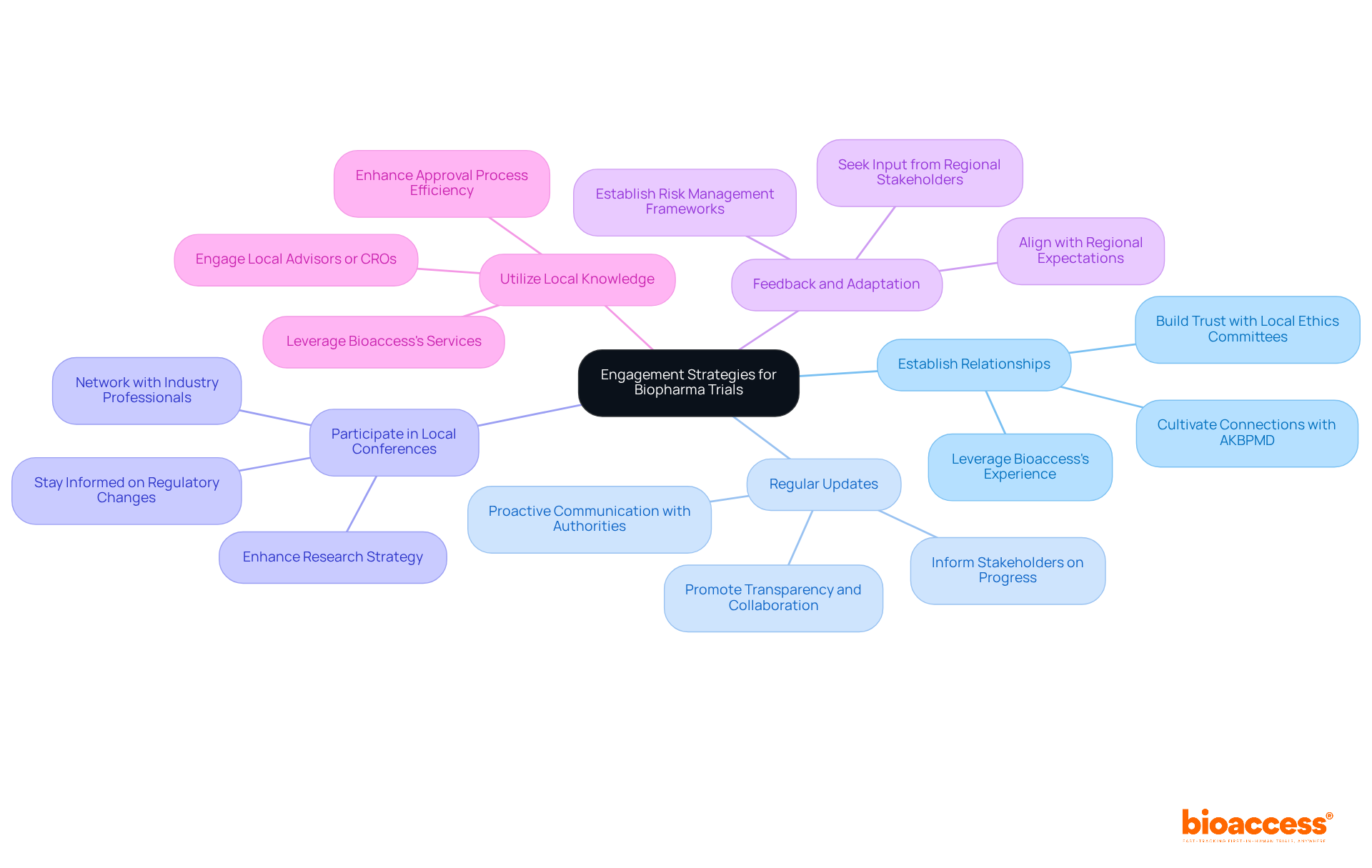 The central node represents the overall goal of engaging with local regulatory bodies. Each branch shows a specific strategy, with further details on actions that can be taken to enhance engagement and improve trial execution.