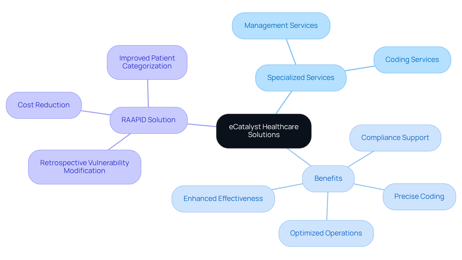 The central node represents eCatalyst's core focus, while the branches illustrate the various services and benefits they provide. Each color-coded branch helps you see how everything connects.