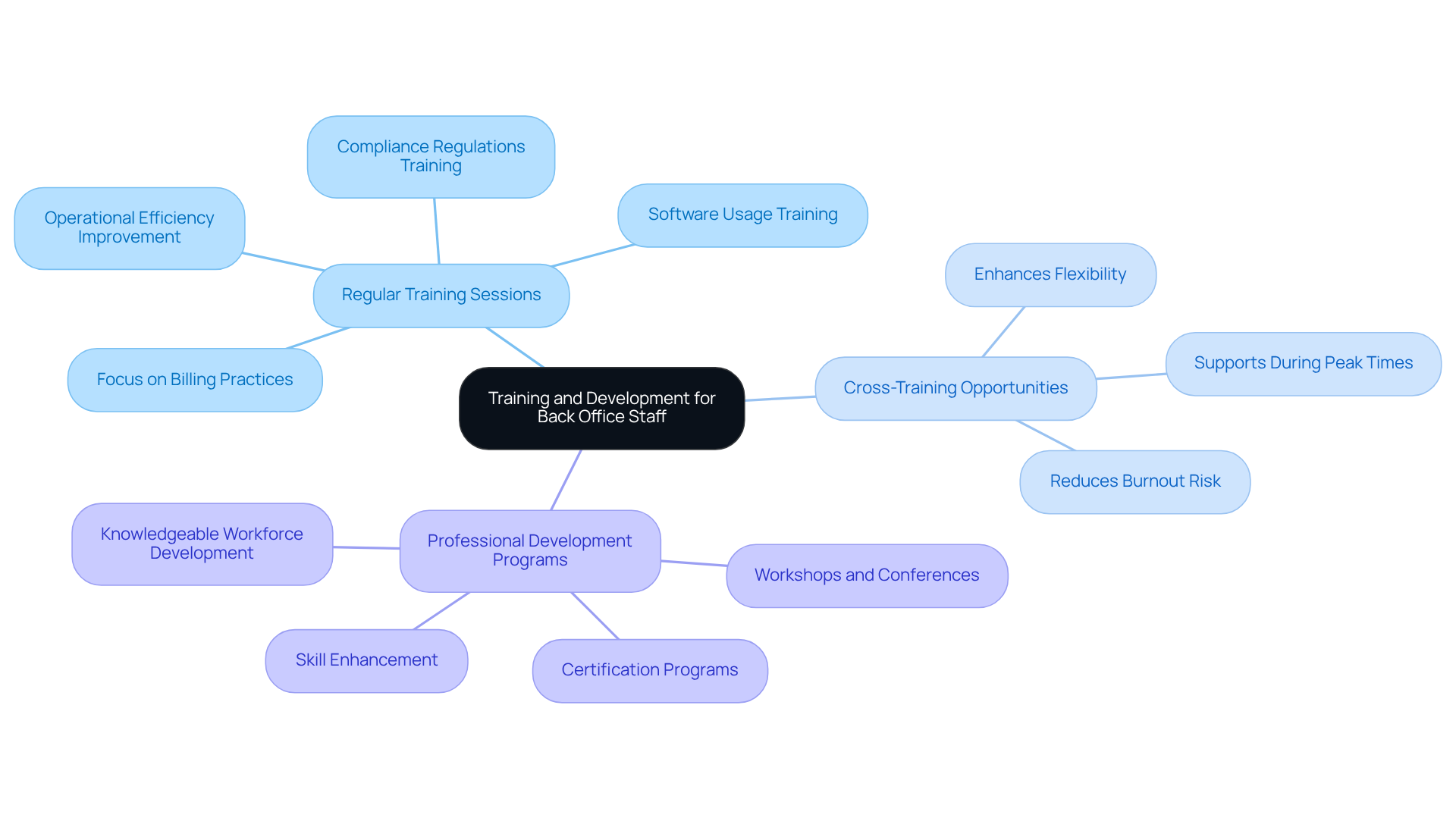 The center represents the main focus on training and development. Each branch shows a different strategy, and the sub-branches provide more details on actions or benefits related to that strategy. This layout helps visualize how each strategy contributes to the overall goal of optimizing healthcare operations. The center represents the main focus on training and development. Each branch shows a different strategy, and the sub-branches provide more details on actions or benefits related to that strategy. This layout helps visualize how each strategy contributes to the overall goal of optimizing healthcare operations.