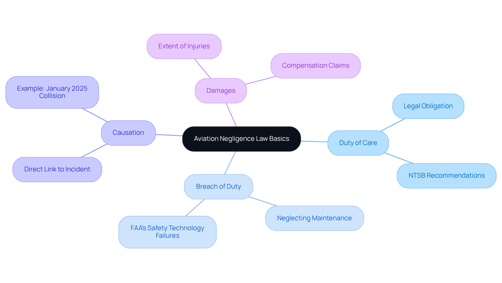 The center represents the main topic, and each branch shows a key concept related to aviation negligence law. Follow the branches to understand how each concept contributes to the overall understanding of the law.