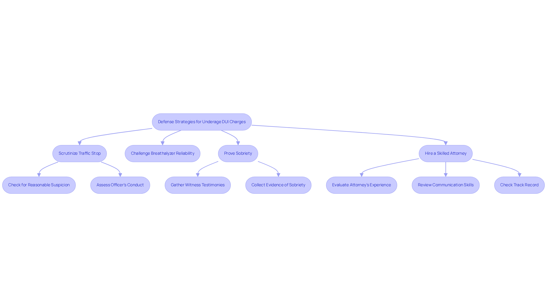 This flowchart outlines the steps and strategies for defending against underage DUI charges. Each branch represents a key strategy, and the arrows show how to navigate through the defense process. Follow the paths to understand the various actions that can be taken to build a strong defense.