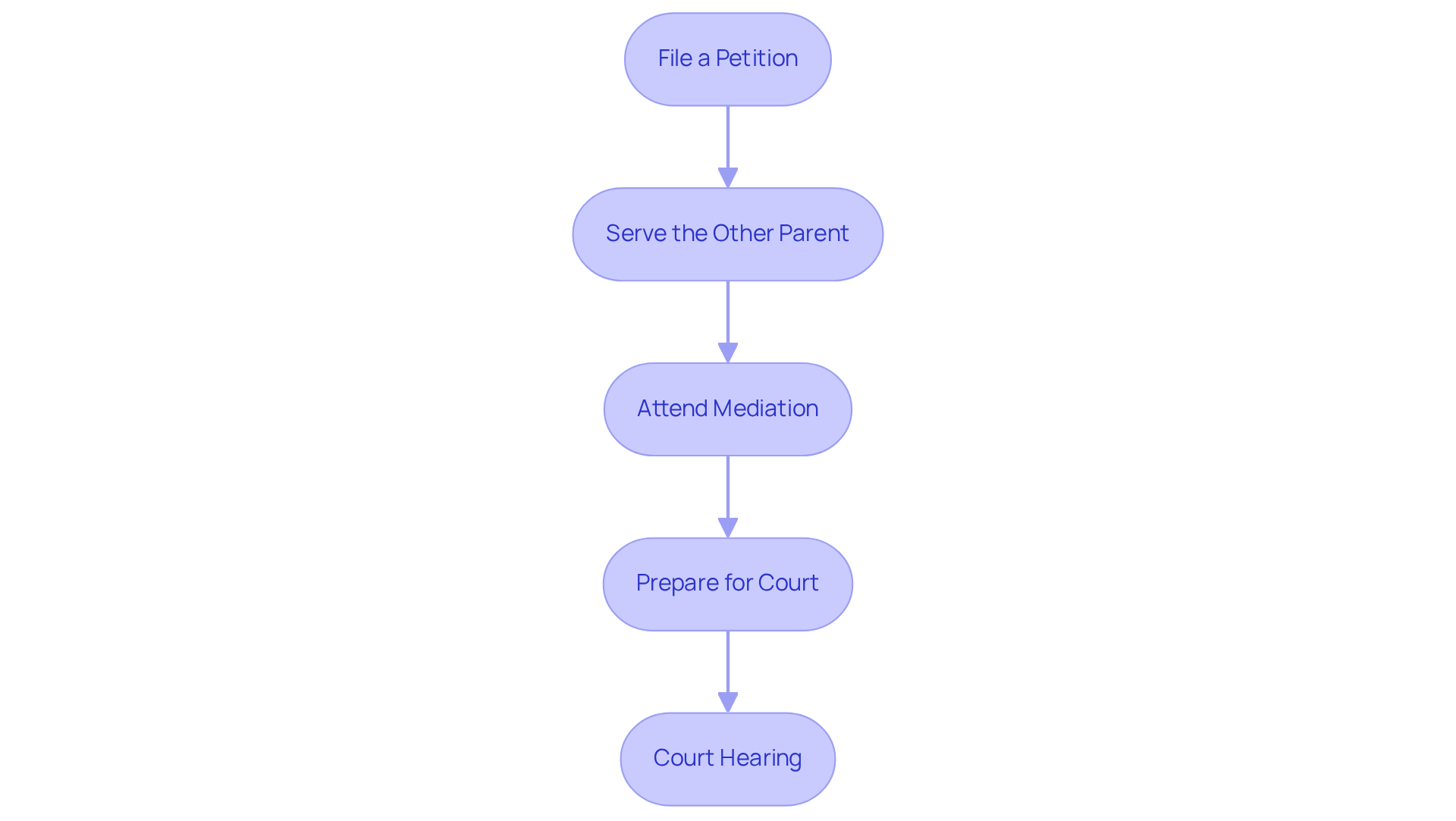 Each box represents a step you need to take to secure visitation rights. Follow the arrows to see the order of actions, starting from filing your petition to presenting your case in court.