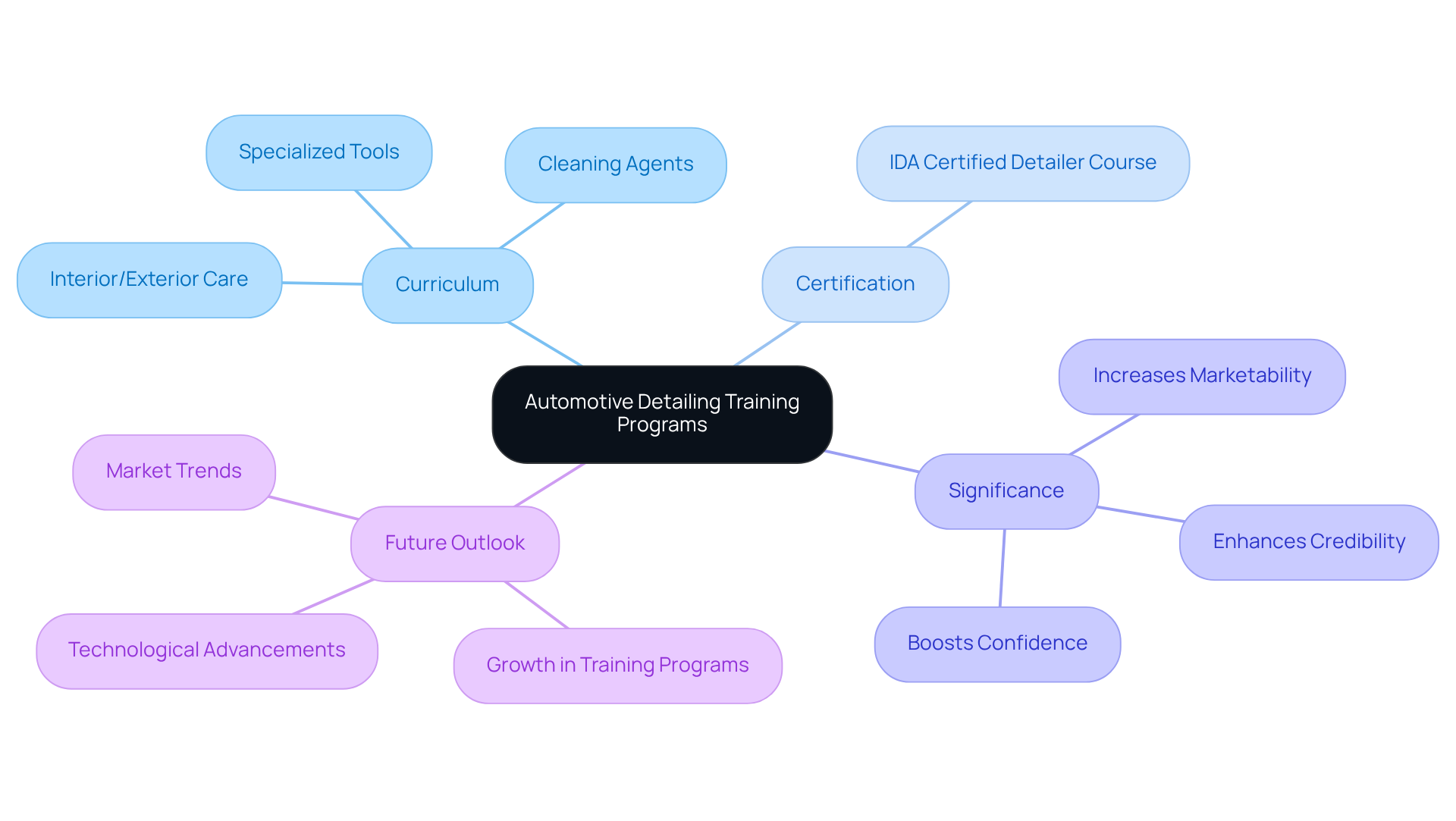 The central node represents the main topic, while the branches show different aspects of the training programs. Each color-coded branch helps you navigate through the curriculum, certification details, significance, and future trends in automotive detailing education.