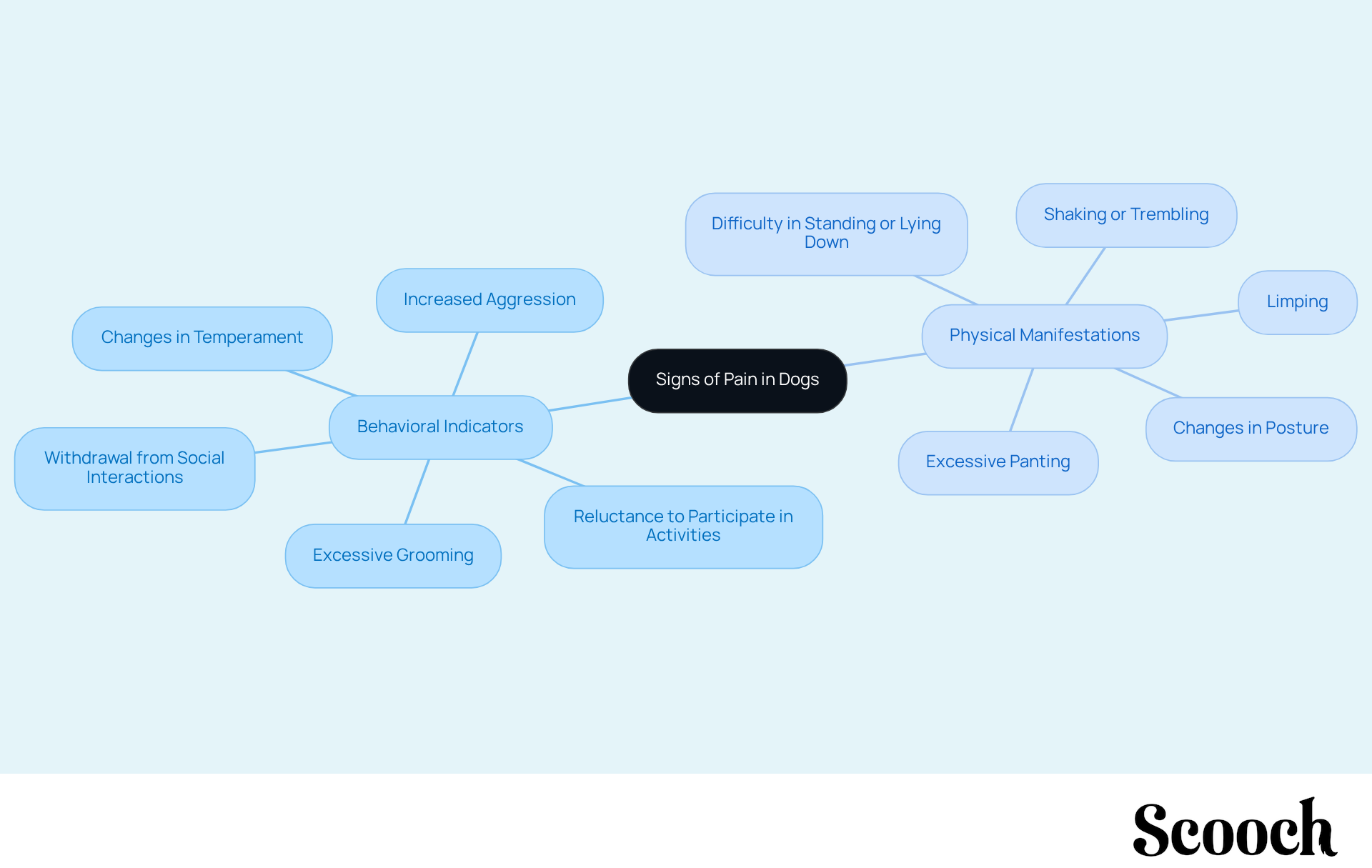 This mindmap shows how to recognize pain in dogs. Start at the center with the main topic, and follow the branches to see different categories of pain signs and their specific examples. This mindmap shows how to recognize pain in dogs. Start at the center with the main topic, and follow the branches to see different categories of pain signs and their specific examples.