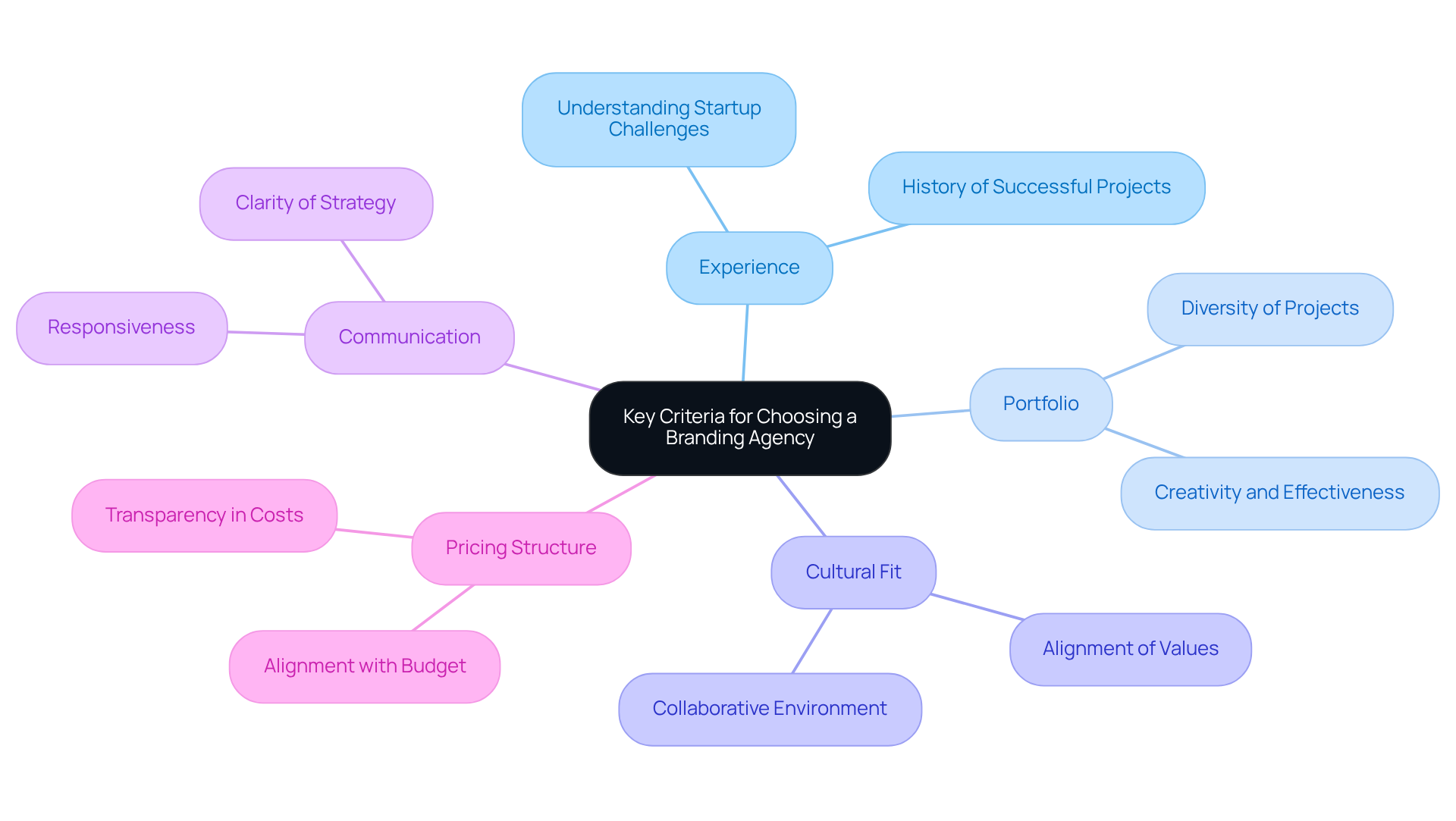 The center represents the main topic, and each branch shows a key criterion to consider when selecting a branding agency. Follow the branches to explore each criterion and its important aspects.