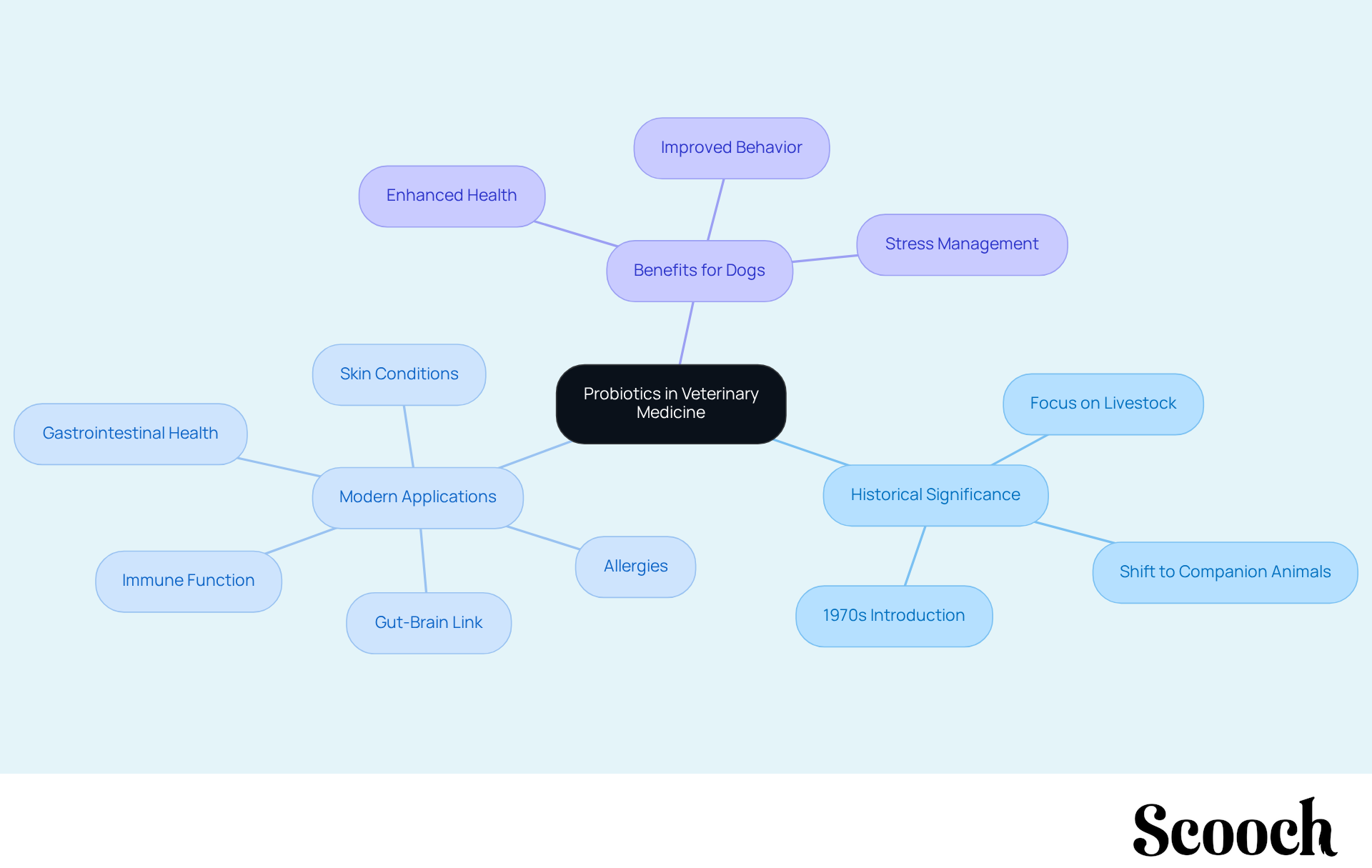 The center represents the main topic of probiotics for dogs, with branches showing historical context, modern uses, and specific health benefits. Each branch helps you see how these ideas connect and evolve. The center represents the main topic of probiotics for dogs, with branches showing historical context, modern uses, and specific health benefits. Each branch helps you see how these ideas connect and evolve.