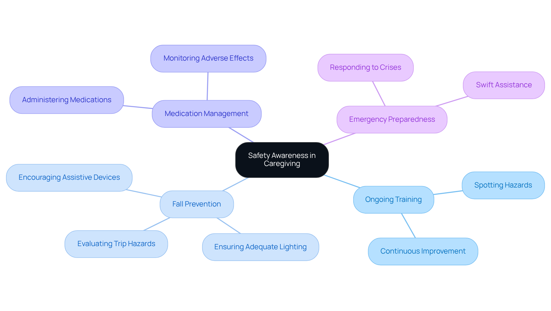 The central node represents the importance of safety awareness, while the branches detail specific strategies caregivers use to promote safety and well-being for seniors.
