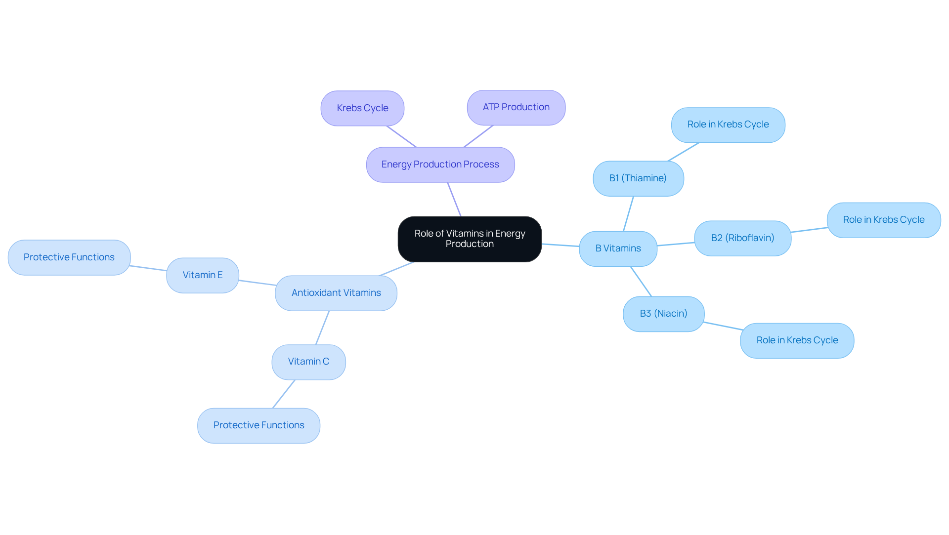 The central node represents the overall theme, while branches show specific vitamins and their contributions to energy production. Follow the branches to understand how each vitamin supports our energy needs. The central node represents the overall theme, while branches show specific vitamins and their contributions to energy production. Follow the branches to understand how each vitamin supports our energy needs.
