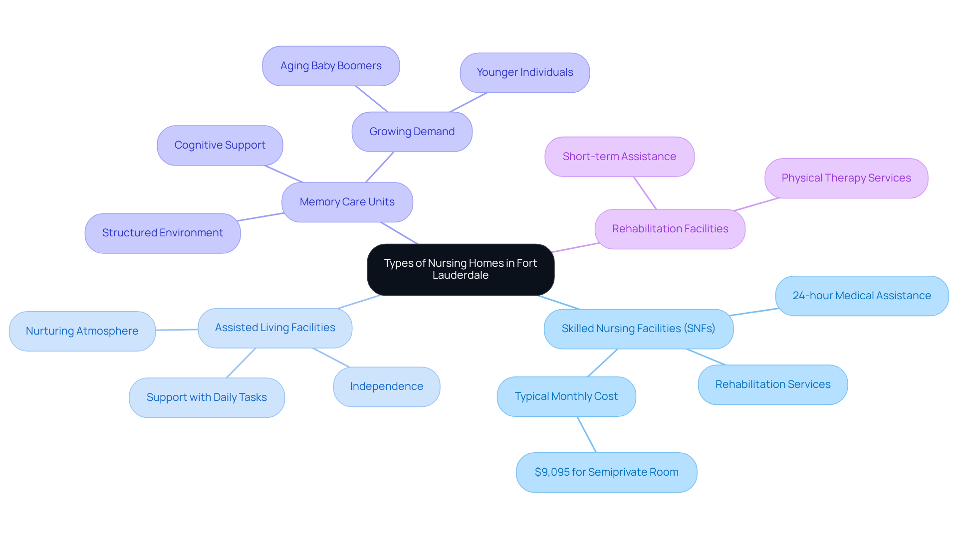 The central node represents the overall topic. Each branch indicates a type of nursing home, and sub-branches provide specific details about what each type offers. Color coding helps differentiate between categories.