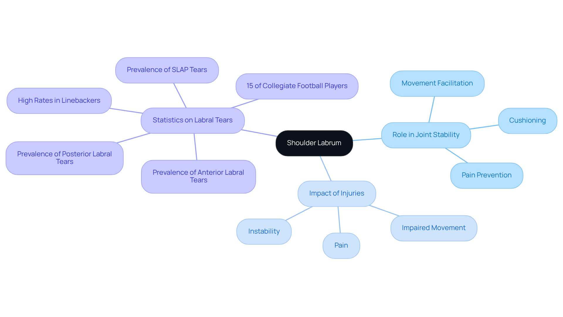 This mindmap illustrates the key aspects of the shoulder labrum. Start at the center with the labrum itself, then explore its role in keeping your shoulder stable and the consequences of injuries. The statistics branch shows how common these injuries are, especially in athletes, helping you understand the broader impact. This mindmap illustrates the key aspects of the shoulder labrum. Start at the center with the labrum itself, then explore its role in keeping your shoulder stable and the consequences of injuries. The statistics branch shows how common these injuries are, especially in athletes, helping you understand the broader impact.