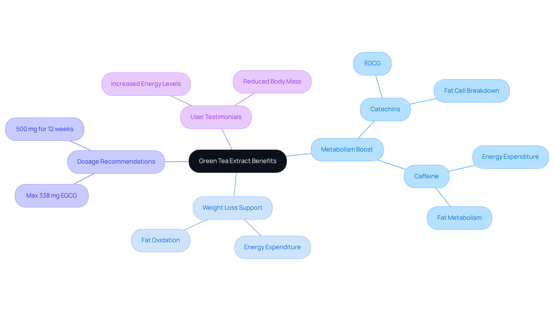 The central node represents the main topic, while the branches show different aspects of how green tea extract can help with weight management. Each branch leads to more specific points, making it easy to see how everything connects.
