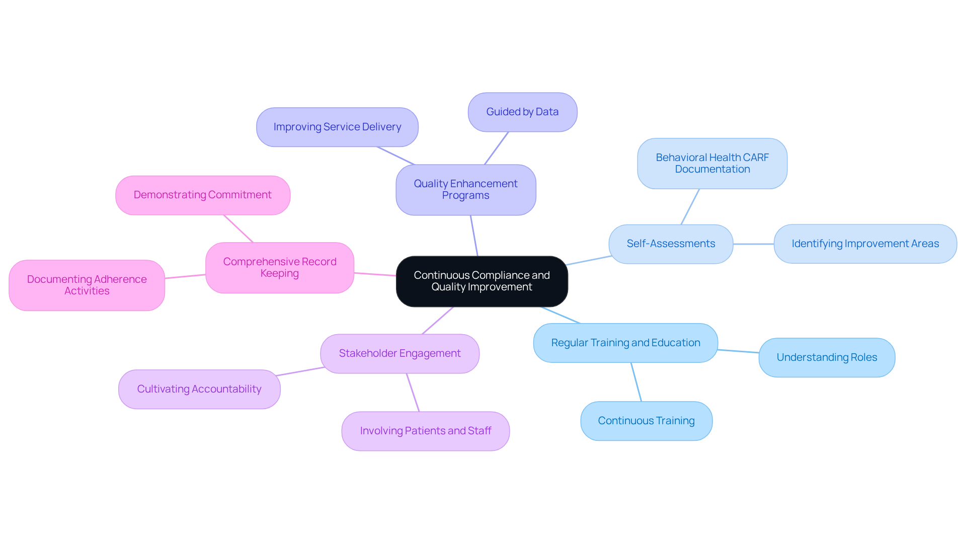 The central node represents the main goal, while the branches show key strategies to achieve it. Each strategy is essential for fostering a culture of compliance and quality in healthcare. The central node represents the main goal, while the branches show key strategies to achieve it. Each strategy is essential for fostering a culture of compliance and quality in healthcare.