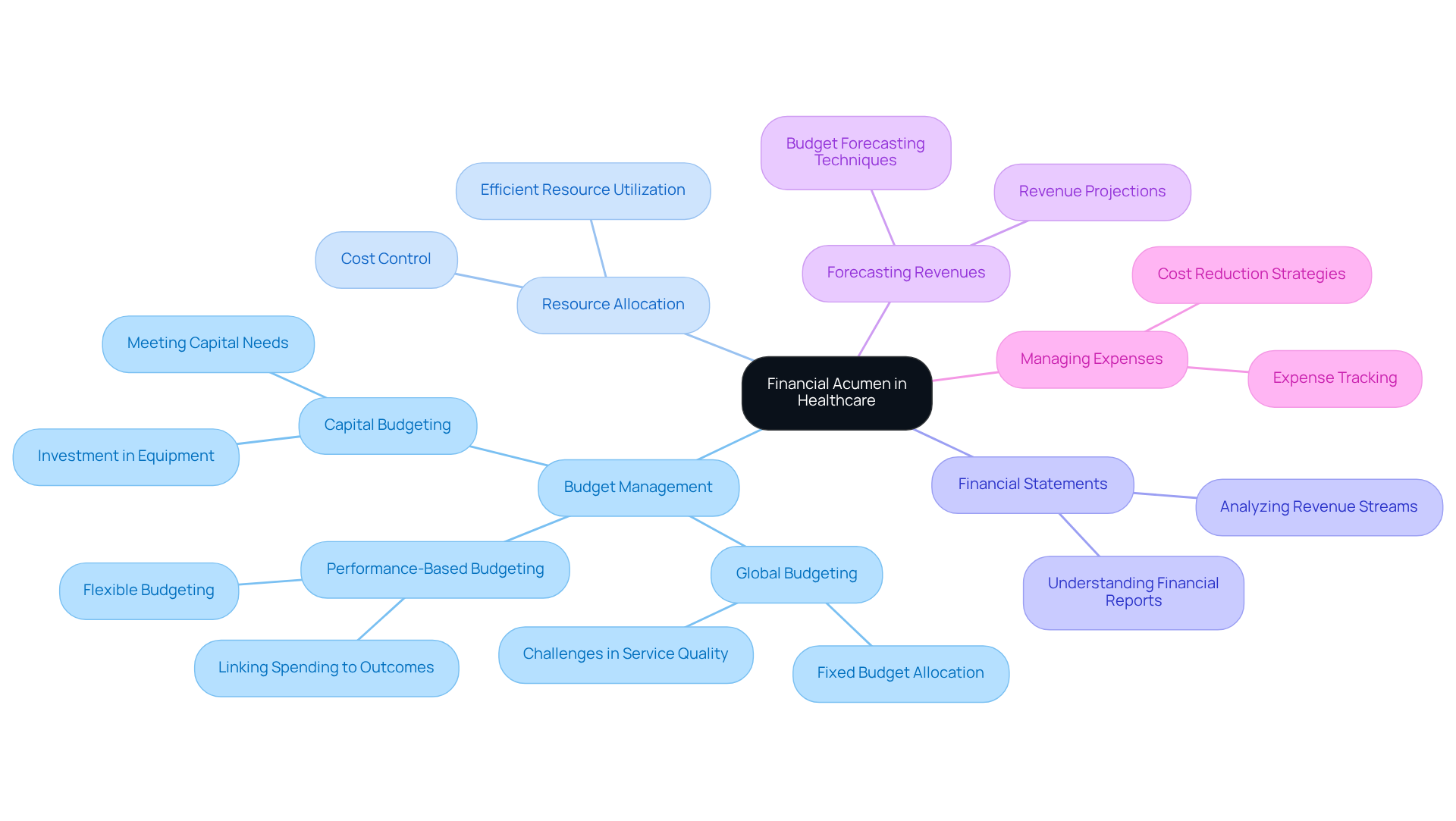 At the center is financial acumen, with branches representing key aspects of budget management and resource allocation. Each branch shows how these elements interconnect to improve healthcare quality. At the center is financial acumen, with branches representing key aspects of budget management and resource allocation. Each branch shows how these elements interconnect to improve healthcare quality.