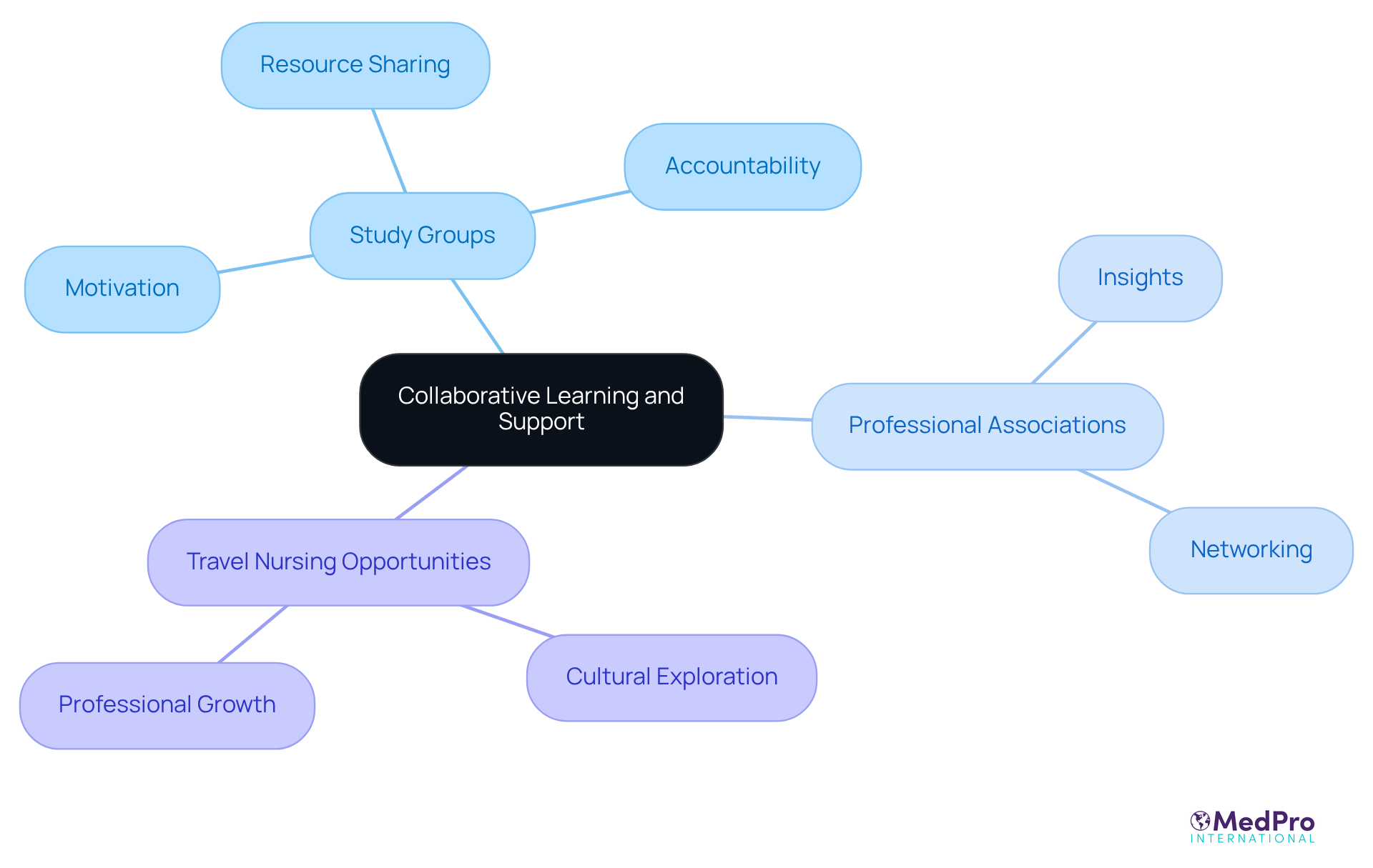 The center represents the main theme of collaborative learning. Each branch shows a different aspect of how study groups and professional associations contribute to your learning journey, with sub-branches detailing specific benefits. The center represents the main theme of collaborative learning. Each branch shows a different aspect of how study groups and professional associations contribute to your learning journey, with sub-branches detailing specific benefits.