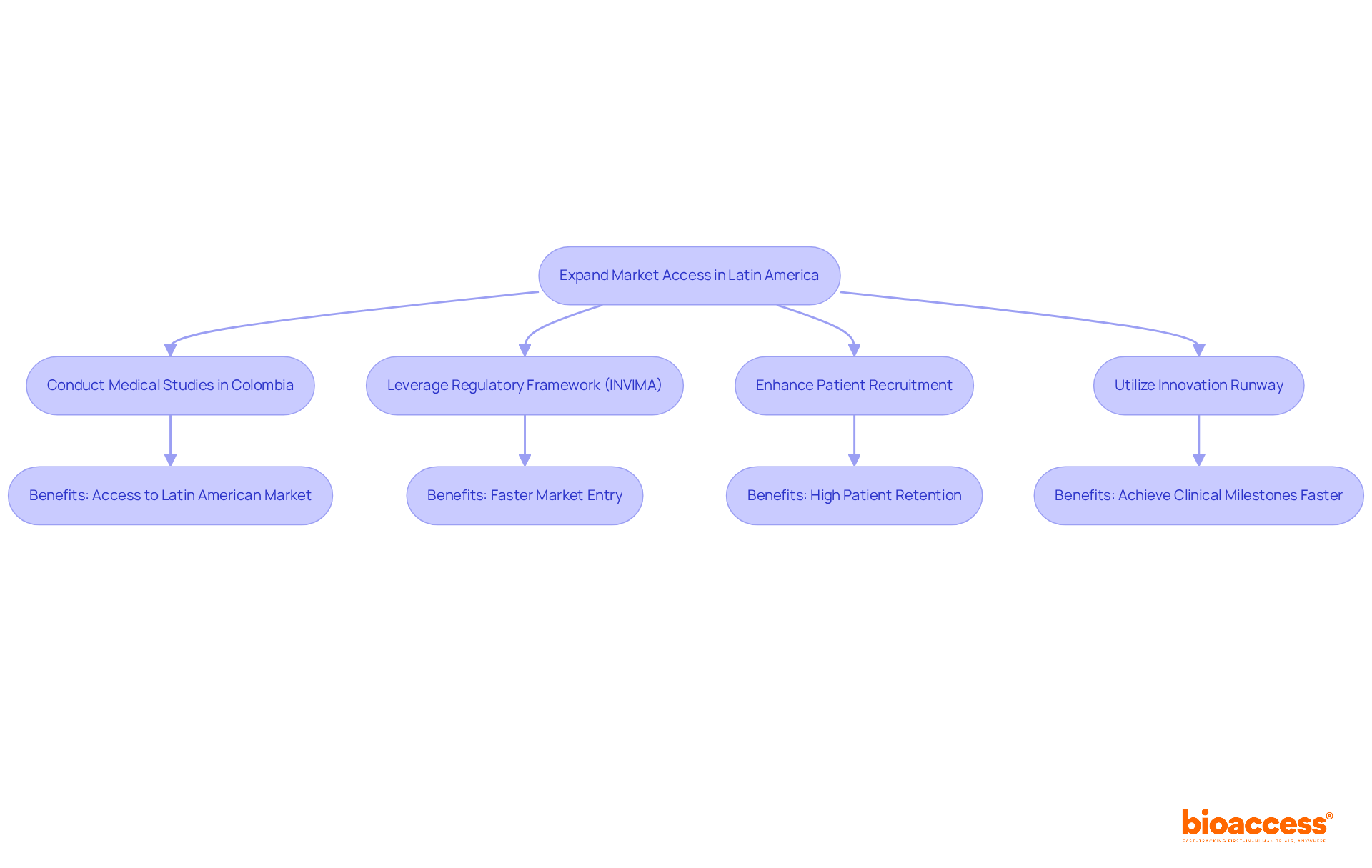 This flowchart illustrates the steps and factors involved in expanding market access in Latin America. Each box represents a key component, and the arrows show how they connect and support each other in achieving successful market entry.