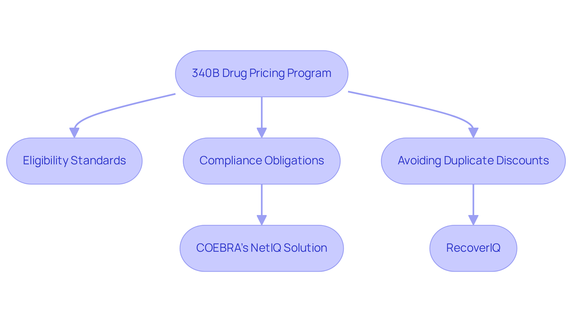 This flowchart outlines the key components of the 340B Drug Pricing Program. Follow the arrows to see how eligibility, compliance, and tools connect and support healthcare providers in maximizing resources.
