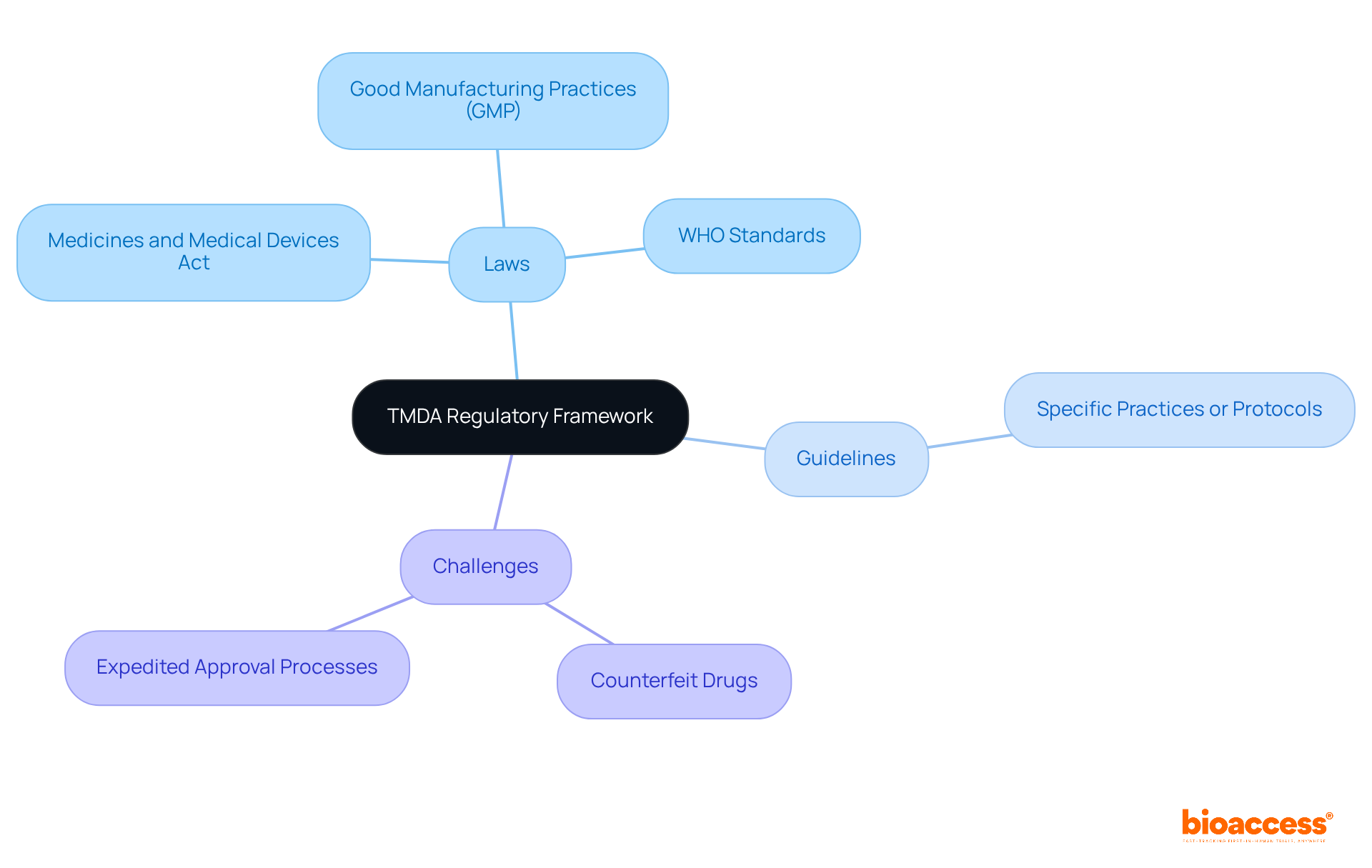 The central node represents the TMDA framework, while branches detail the laws and guidelines that influence it. Each color-coded branch helps identify key areas of focus and their respective challenges.