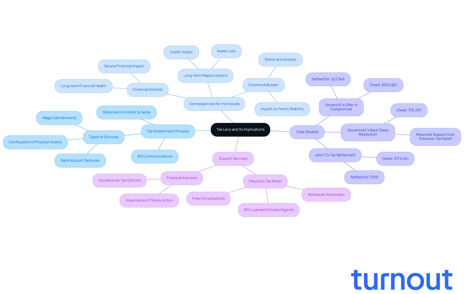 The central node represents the main topic, while branches show different aspects of tax levies. Each sub-branch provides more detail, helping you understand the full picture of how tax levies affect individuals and what support is available.