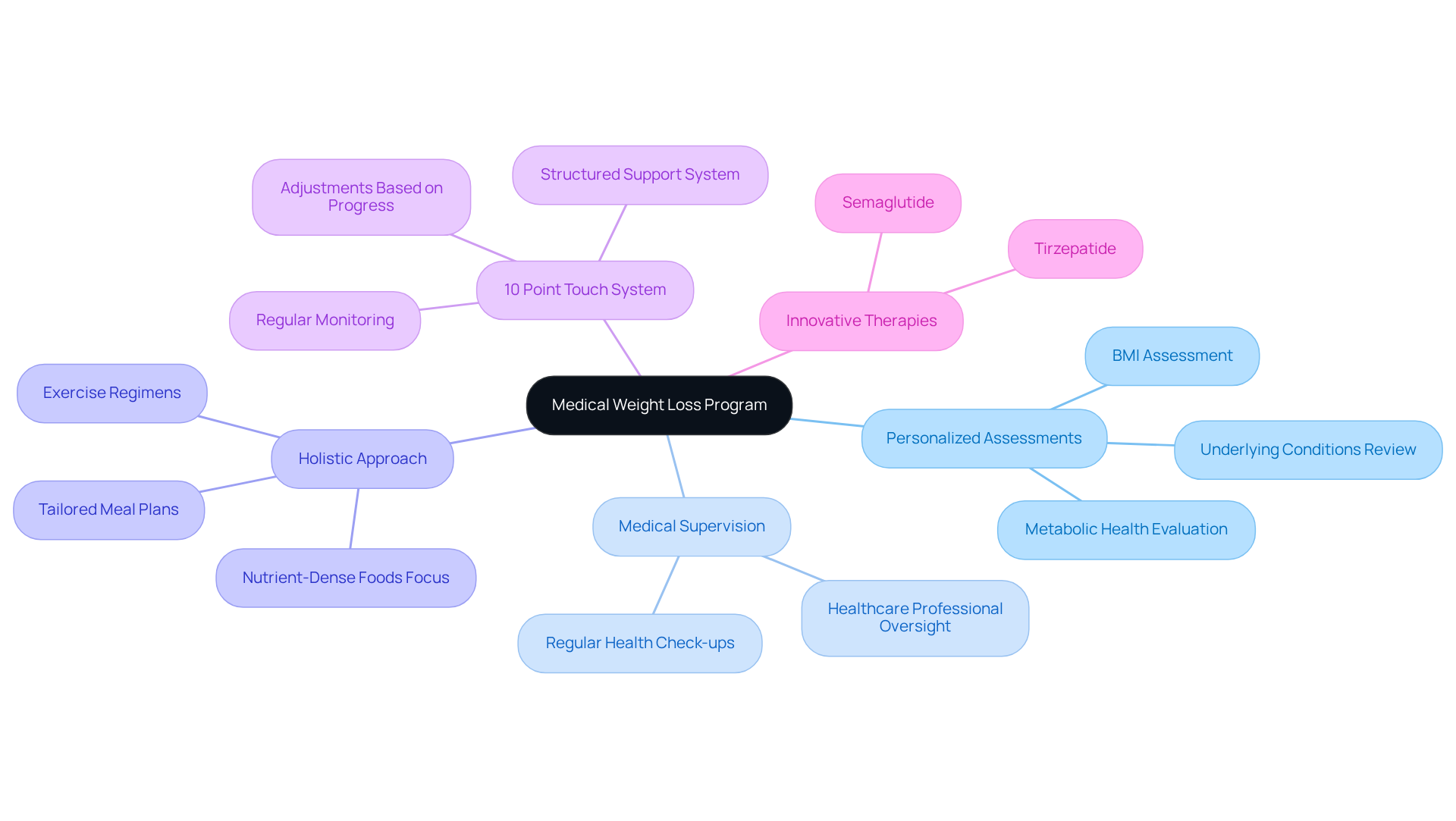 The central node represents the overall program, while the branches show the main features. Each sub-branch provides more detail about what each feature entails, helping you understand how they all contribute to successful weight management.