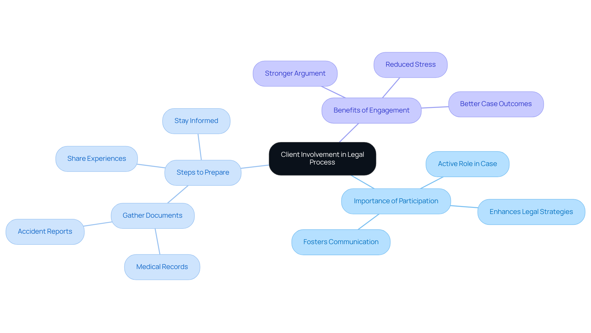 The central node represents your active role in the legal process, while the branches show why your participation matters, how to prepare, and the benefits of being engaged. Follow the branches to see how each action contributes to a successful legal journey. The central node represents your active role in the legal process, while the branches show why your participation matters, how to prepare, and the benefits of being engaged. Follow the branches to see how each action contributes to a successful legal journey.