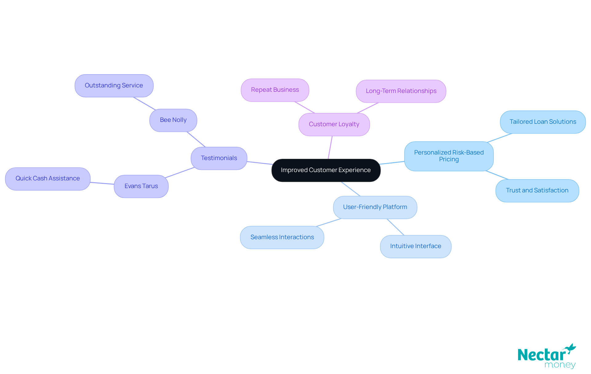 The center represents the main focus on customer experience, with branches showing related topics like personalized pricing and client testimonials. Each branch reveals more about how Nectar Money enhances the lending experience.