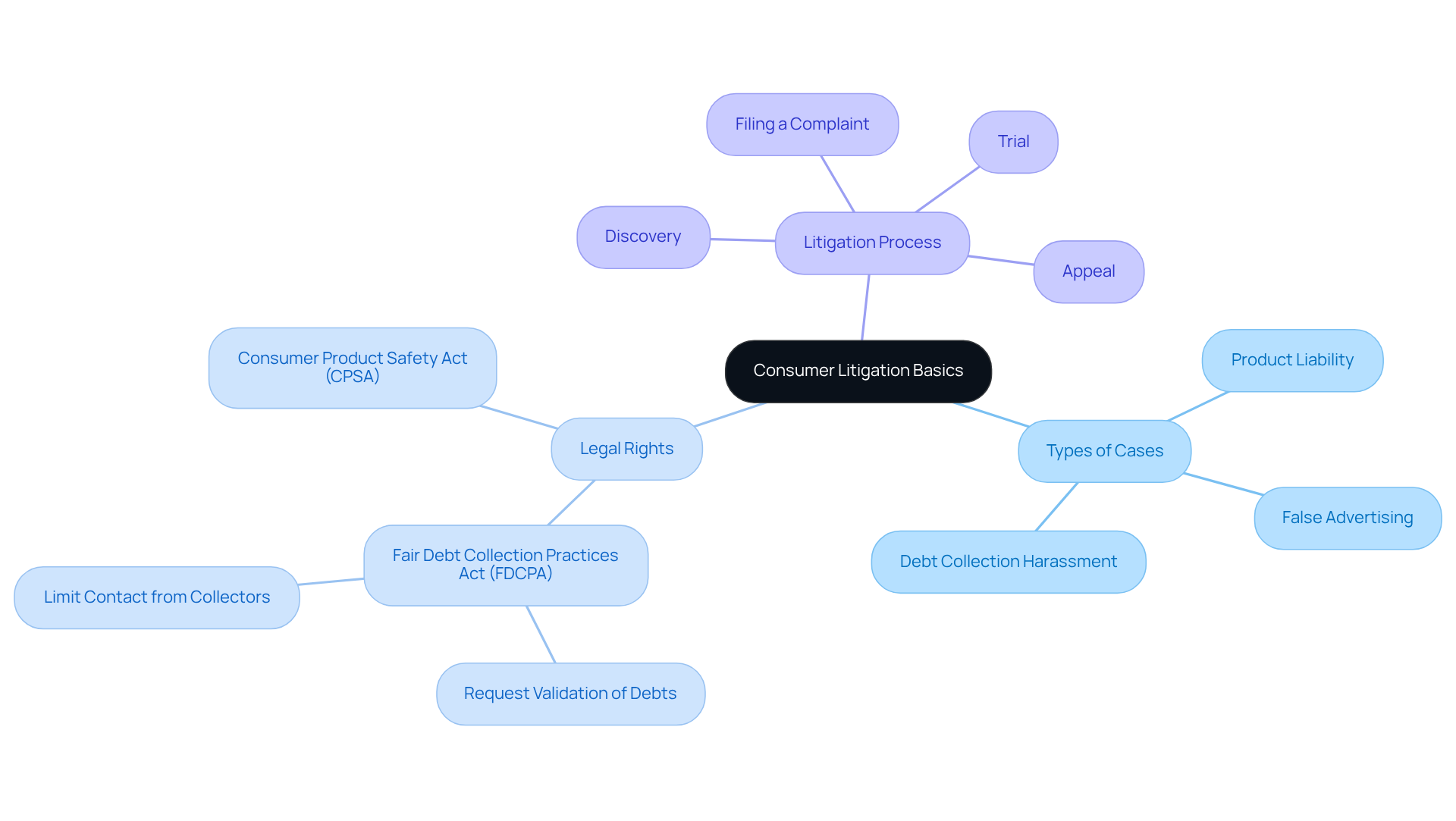 Start at the center with the main topic, then follow the branches to explore different aspects of consumer litigation. Each branch represents a key concept, and the sub-branches provide more detailed information about each area.