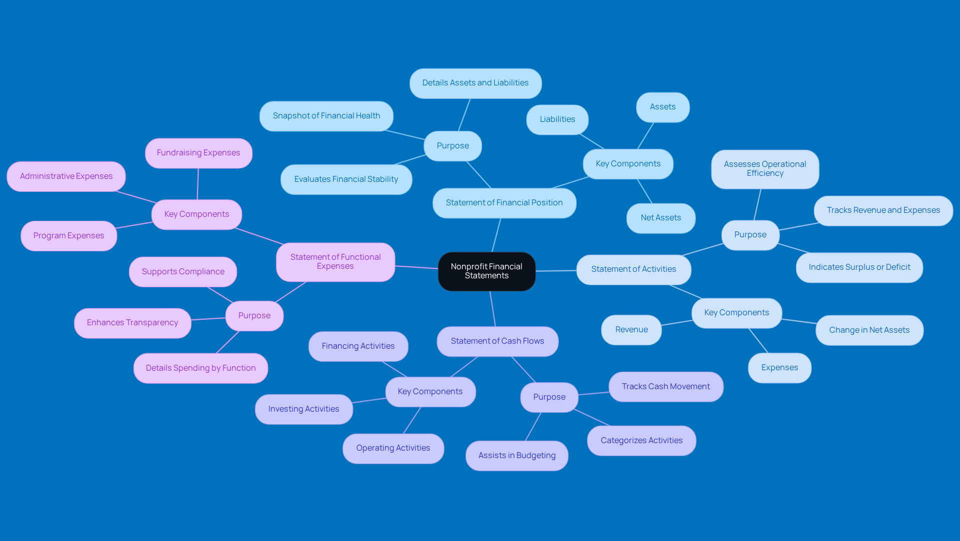 This mindmap starts with the main idea of nonprofit financial statements at the center. The branches show the key components that help nonprofits manage their finances and maintain trust with their stakeholders. Each part is important for understanding how nonprofits operate financially.