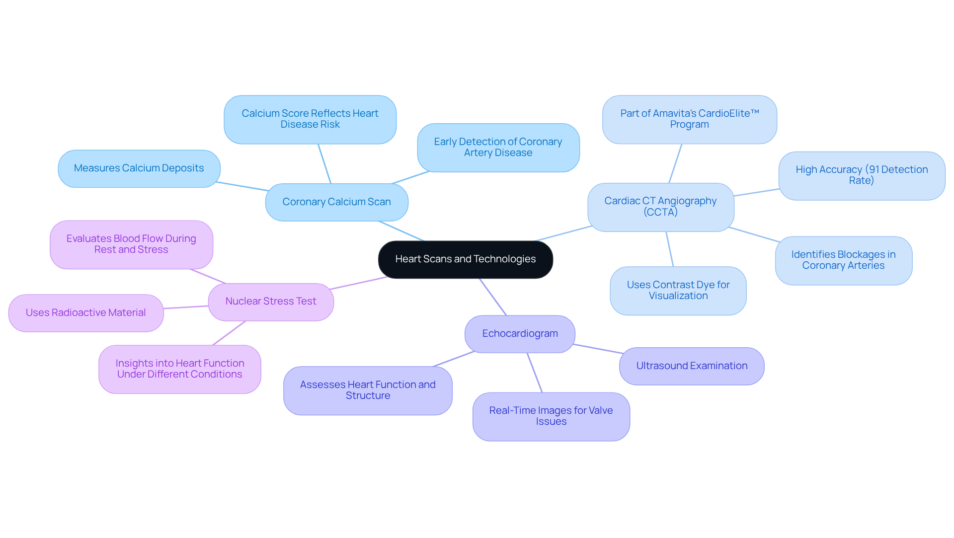 The central node represents the main topic of heart scans. Each branch shows a different type of scan, and the sub-branches provide details about what each scan does and its advantages. This layout helps you see how each method contributes to assessing heart health.