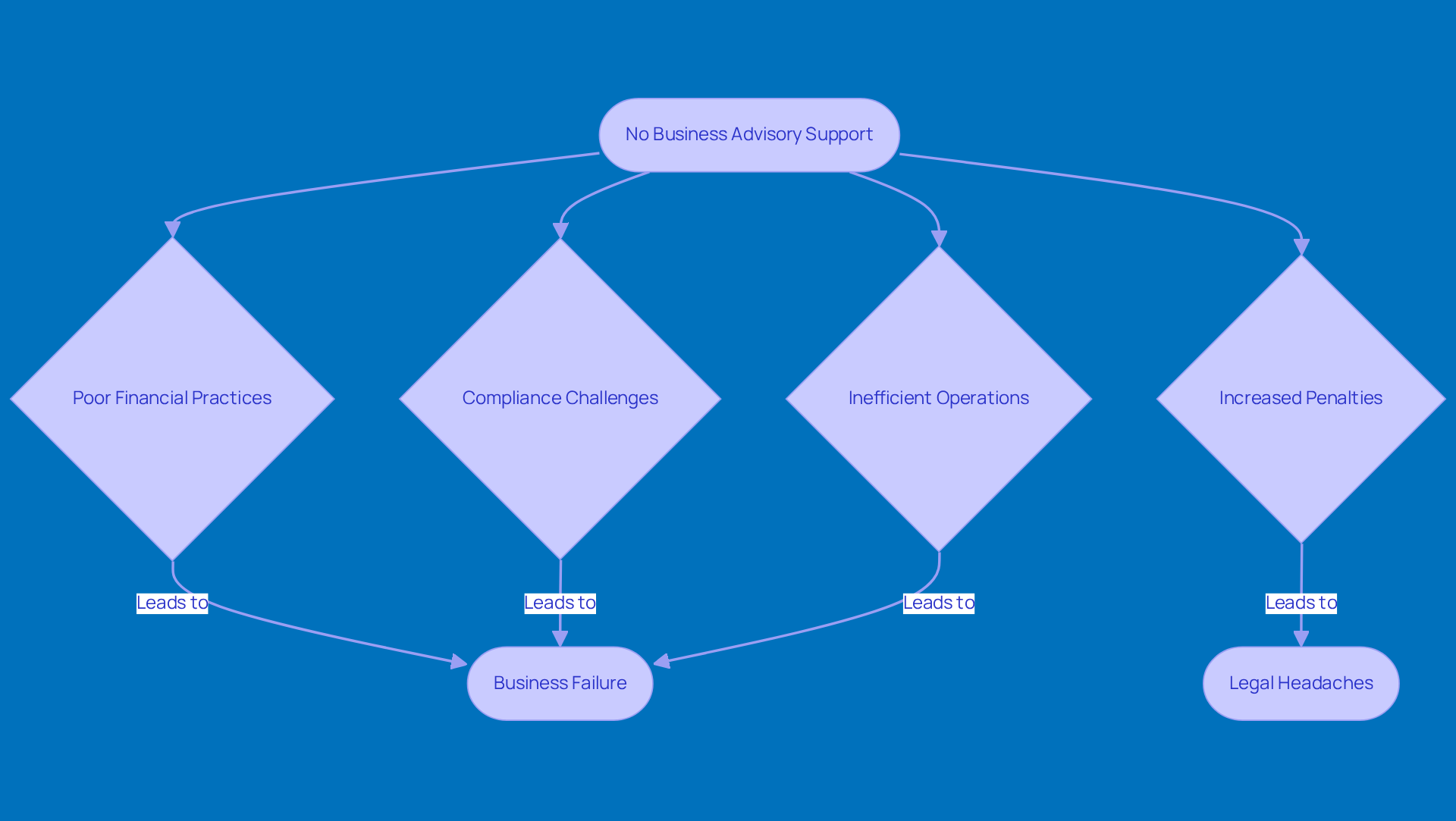 This flowchart shows how not having expert advice can lead to various risks for small businesses. Each box represents a risk or consequence, and the arrows indicate how they are connected.