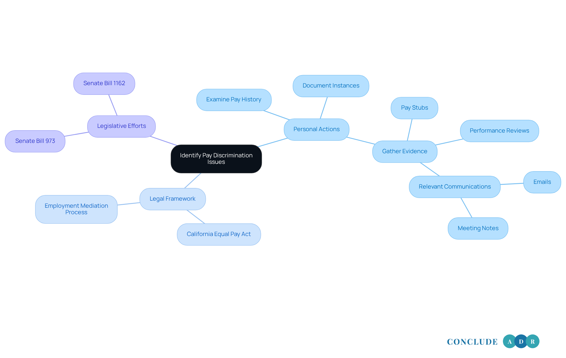 The central node represents the main topic, while the branches show different aspects to consider when identifying pay discrimination. Each sub-branch provides specific actions or laws related to the main categories. The central node represents the main topic, while the branches show different aspects to consider when identifying pay discrimination. Each sub-branch provides specific actions or laws related to the main categories.