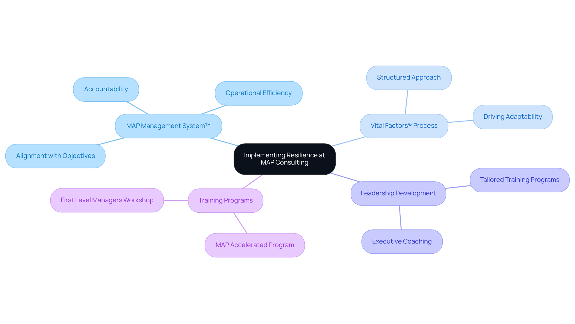 This mindmap illustrates how MAP Consulting implements resilience strategies. Start at the center with the main theme, then explore each branch to see the specific strategies and programs that support adaptability and growth in your organization. This mindmap illustrates how MAP Consulting implements resilience strategies. Start at the center with the main theme, then explore each branch to see the specific strategies and programs that support adaptability and growth in your organization.