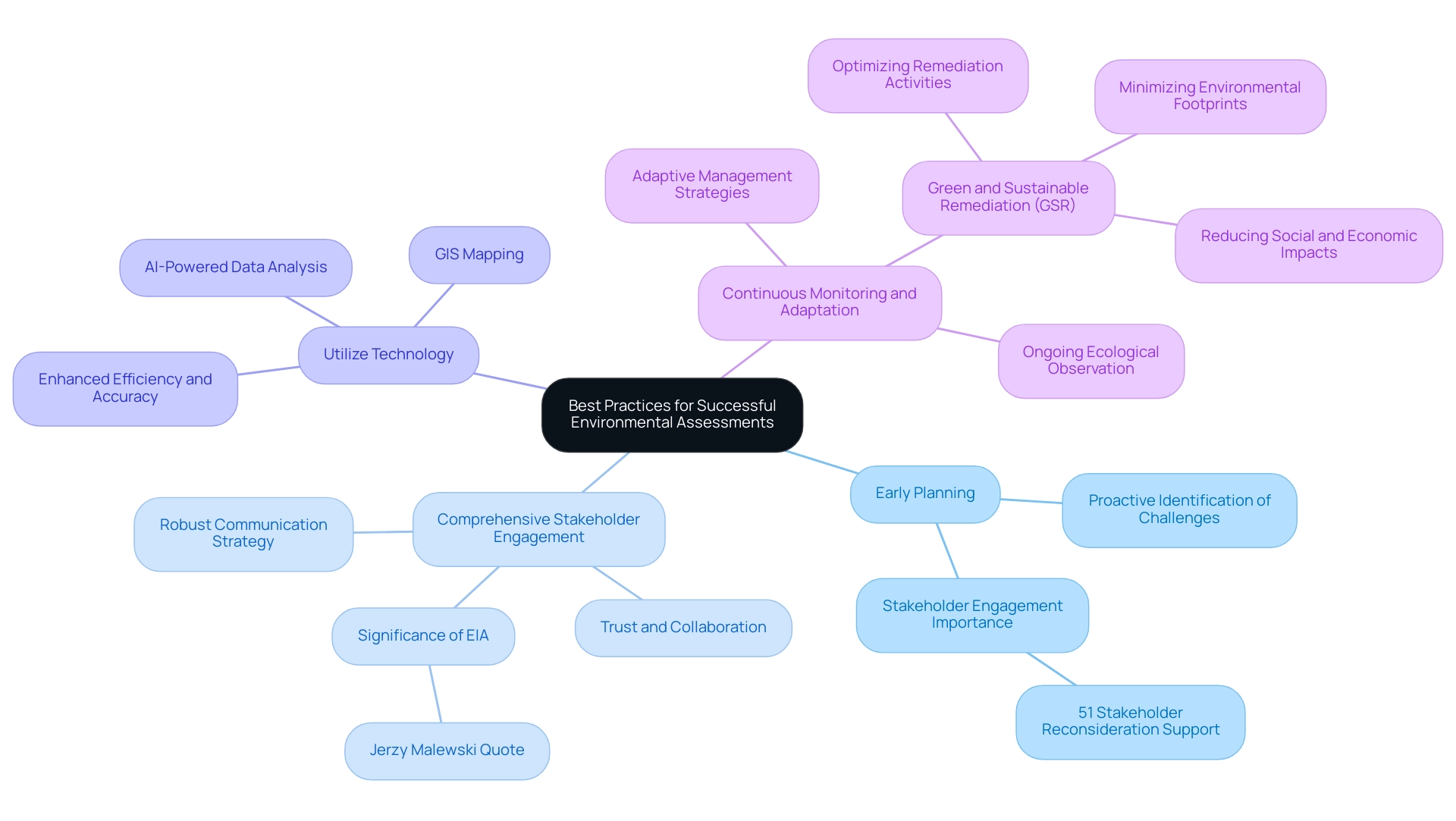 The central node represents the overall topic, with branches showing the four key best practices and their related points.