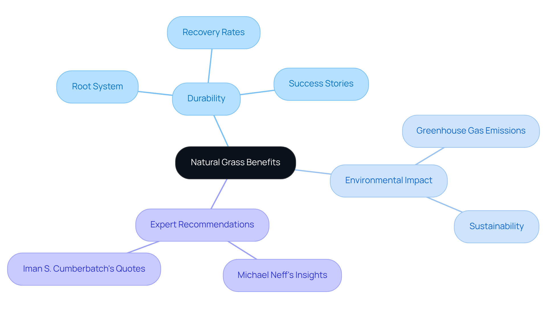 Start at the center with the main topic of natural grass, then explore the branches to see its durability, environmental benefits, and expert insights. Each branch highlights a different aspect, making it easy to understand the overall advantages. Start at the center with the main topic of natural grass, then explore the branches to see its durability, environmental benefits, and expert insights. Each branch highlights a different aspect, making it easy to understand the overall advantages.