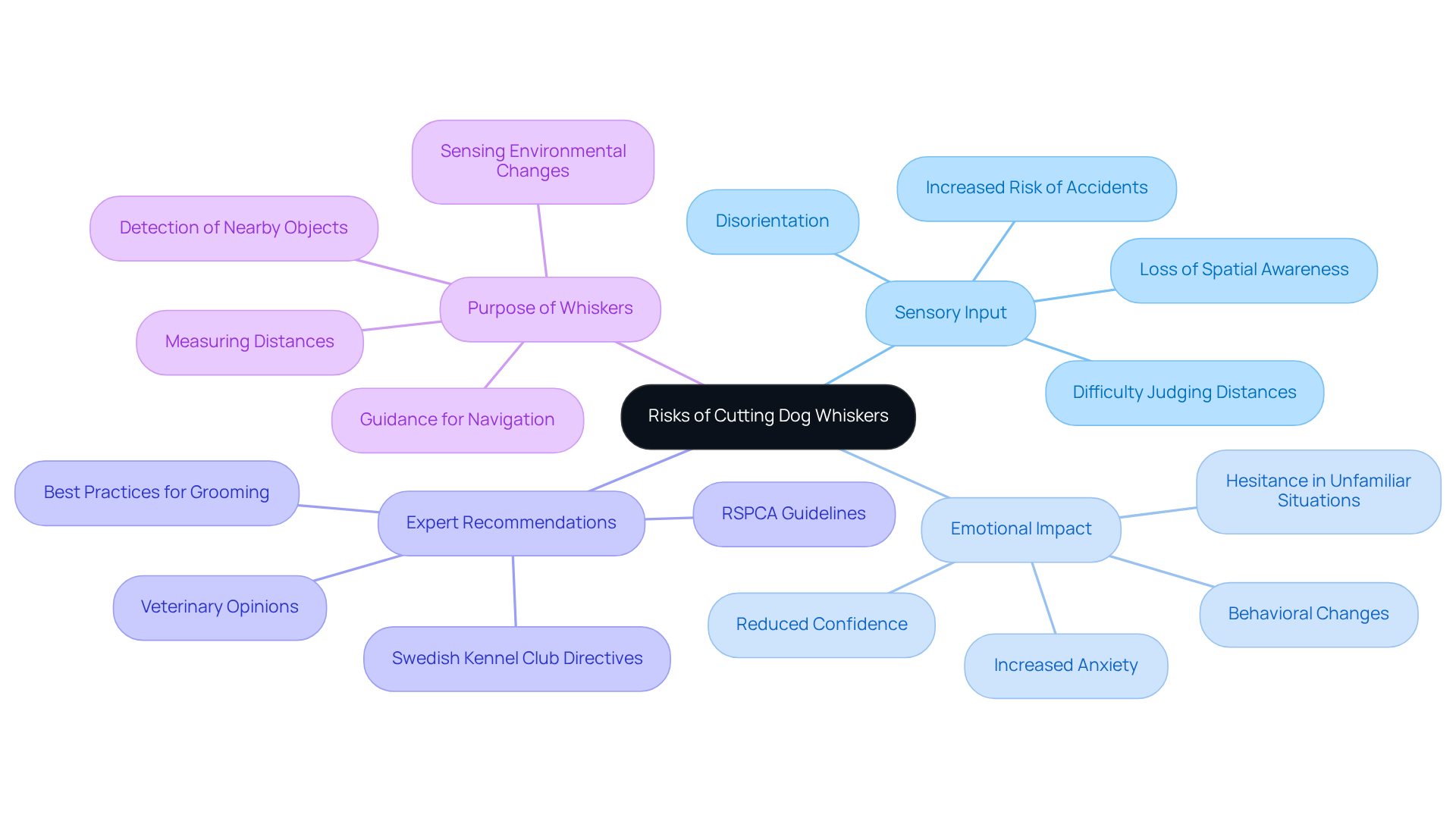 This mindmap shows the central theme of dog whisker trimming risks, with branches detailing sensory effects, emotional consequences, expert opinions, and the purpose of whiskers. Follow the connections to understand the broader implications for your pet's well-being.