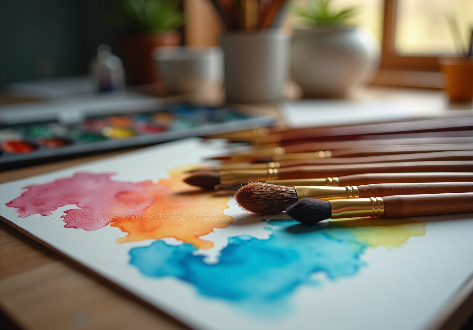 Evaluating Watercolor Brushes in an Artist's Workspace Evaluating Watercolor Brushes in an Artist's Workspace