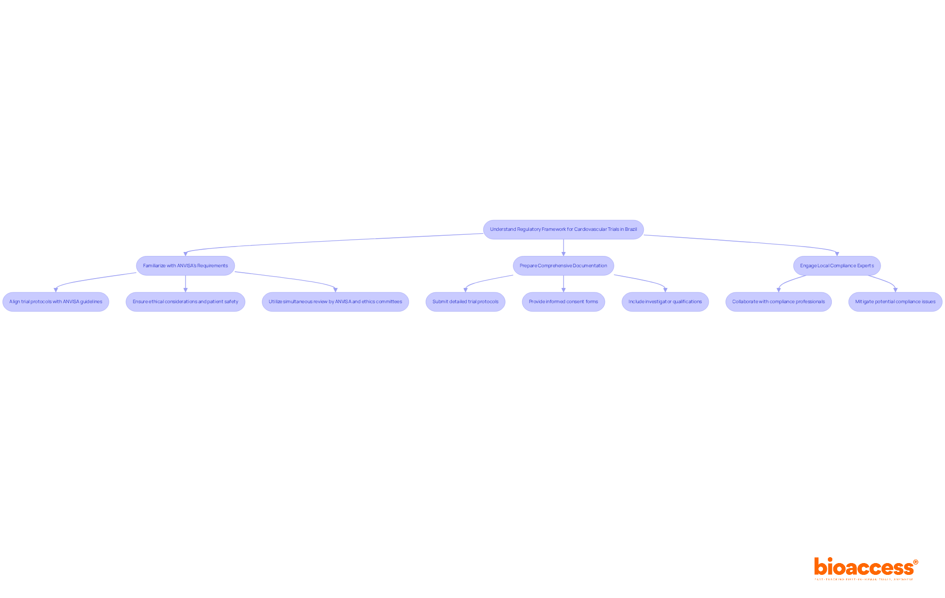 Follow the arrows to see the steps needed to successfully navigate the regulatory landscape for clinical trials in Brazil. Each box represents a key action, and the sub-points provide more detail on what needs to be done.