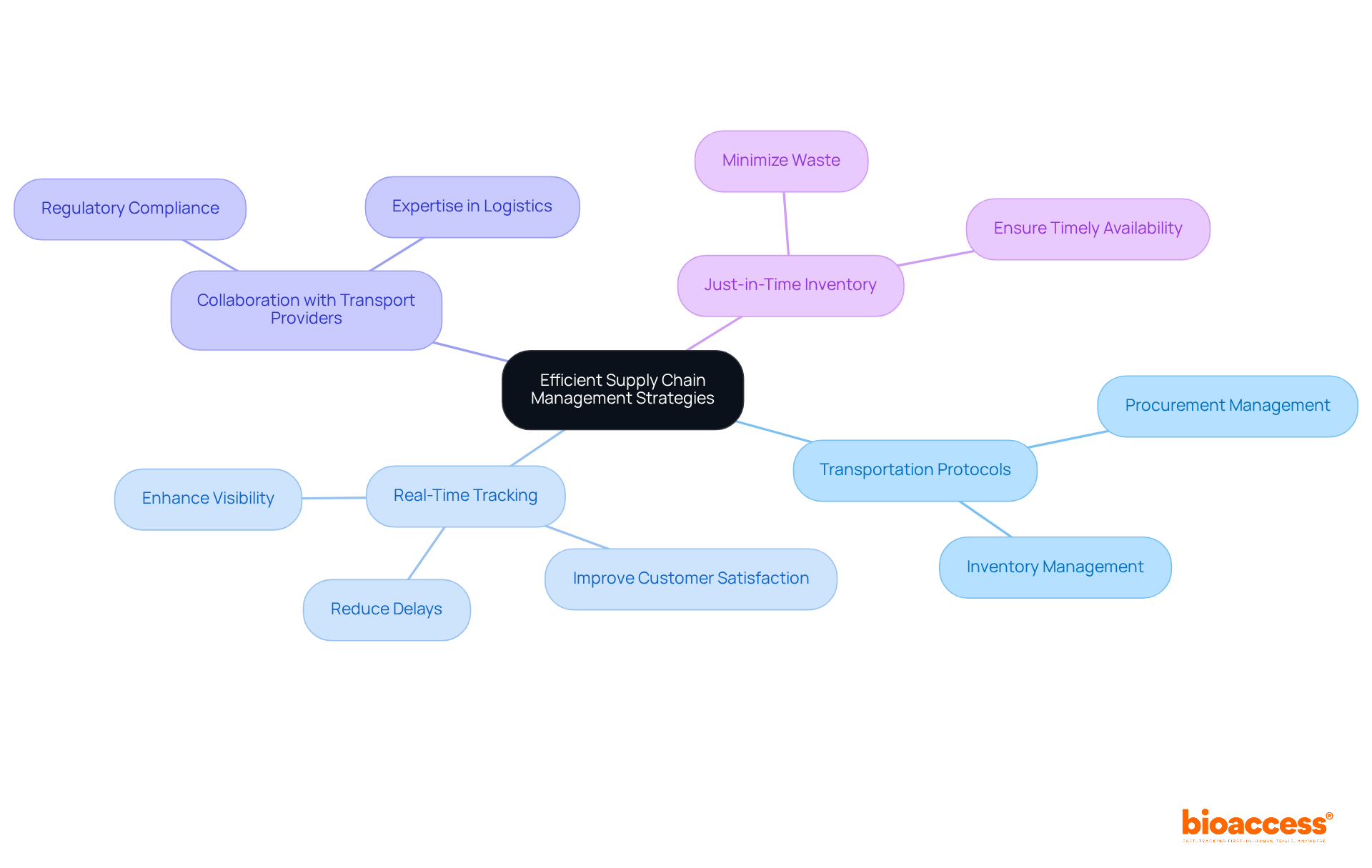 The central node represents the main focus on supply chain management, while the branches illustrate different strategies and their specific actions or benefits. Follow the branches to understand how each strategy contributes to overall efficiency.