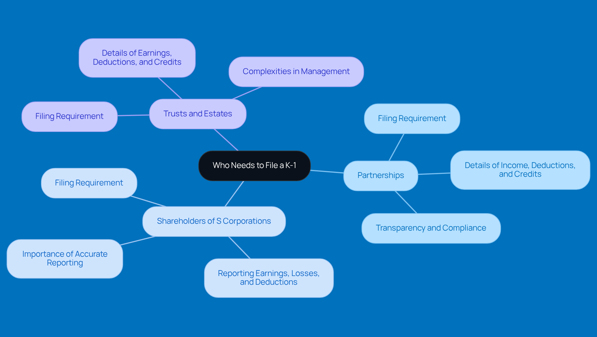 The center shows the main topic of K-1 filing requirements. Each branch represents a different group that needs to file, with further details on what they need to report. This helps you understand who is involved and why it's important.