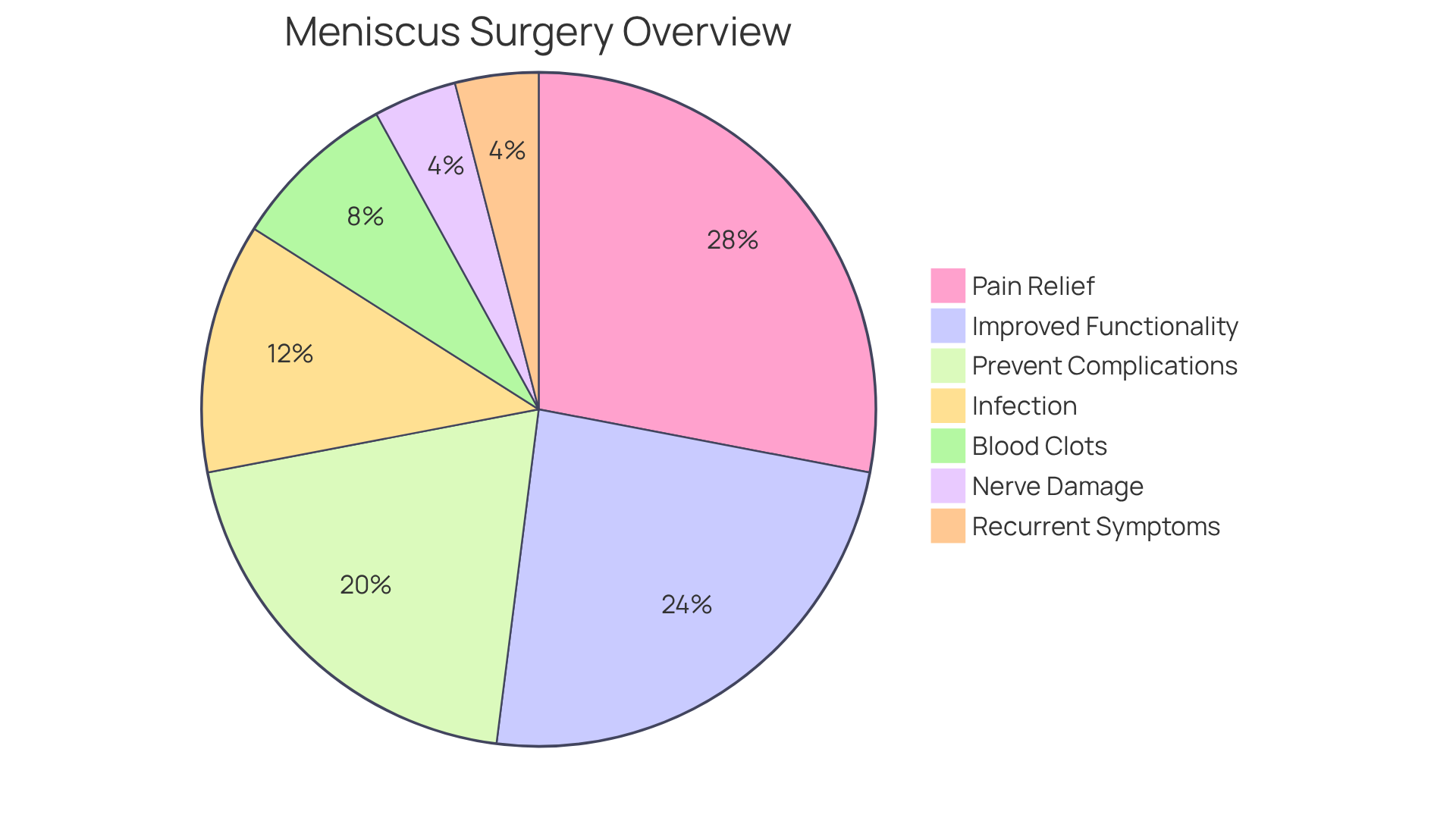 This pie chart shows the benefits and risks of meniscus surgery. The larger the slice, the more significant that aspect is in the overall decision. The 'Benefits' section highlights how surgery can improve your quality of life, while the 'Risks' section reminds you of potential complications to consider.