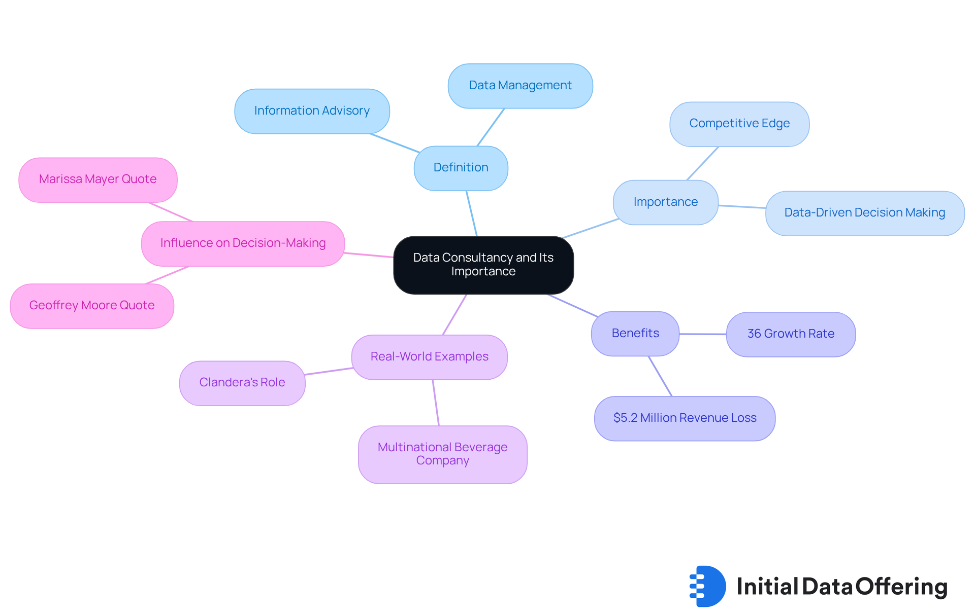 The central idea is data consultancy, and the branches represent its various aspects. Each branch takes you deeper into specific details, showing how they all connect to the main concept.
