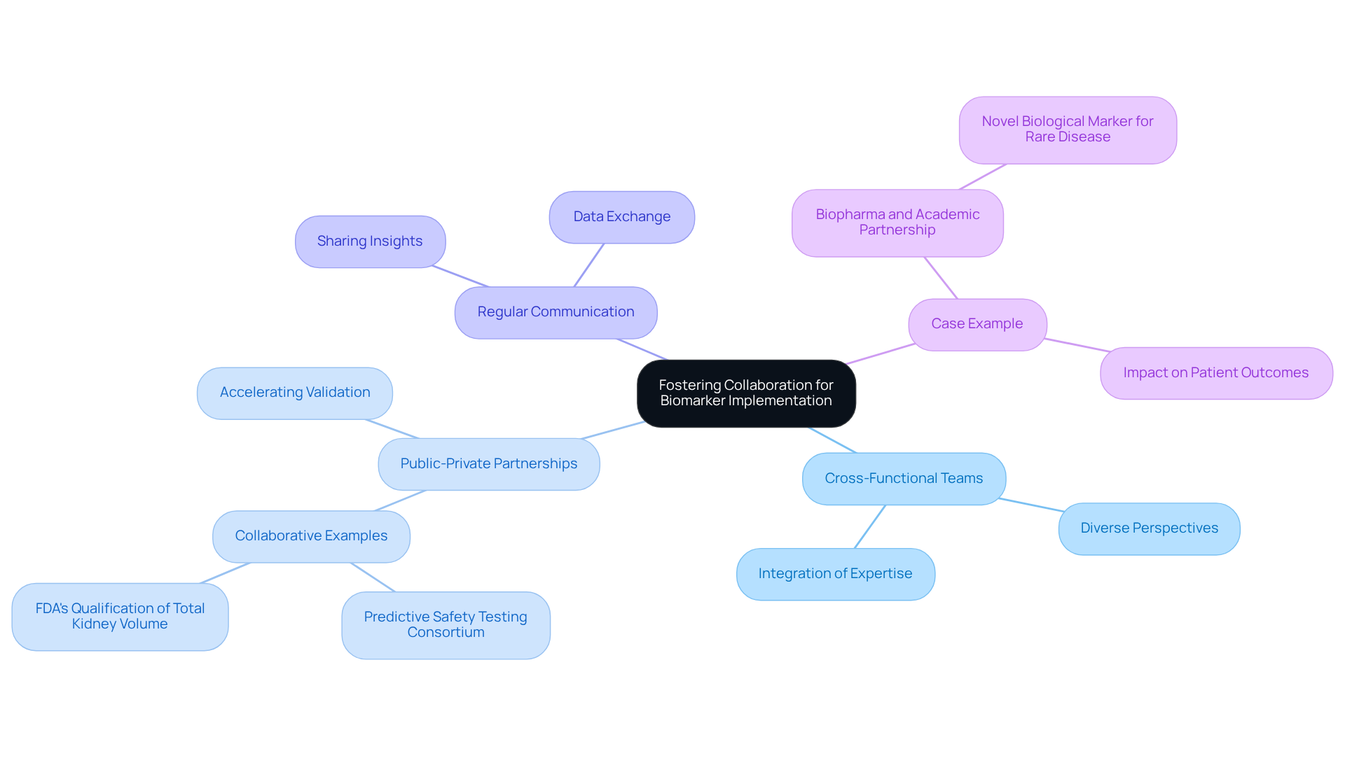 The central node represents the main goal of collaboration, while each branch highlights a specific strategy. Follow the branches to explore how each strategy contributes to effective biomarker implementation. The central node represents the main goal of collaboration, while each branch highlights a specific strategy. Follow the branches to explore how each strategy contributes to effective biomarker implementation.