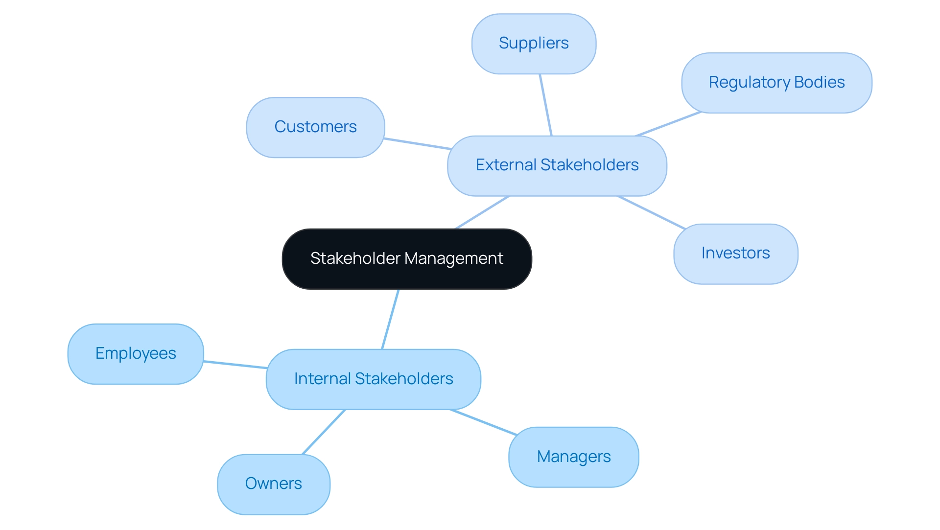 The central node represents stakeholder management, with branches for internal and external stakeholders and subcategories representing specific roles within each group.