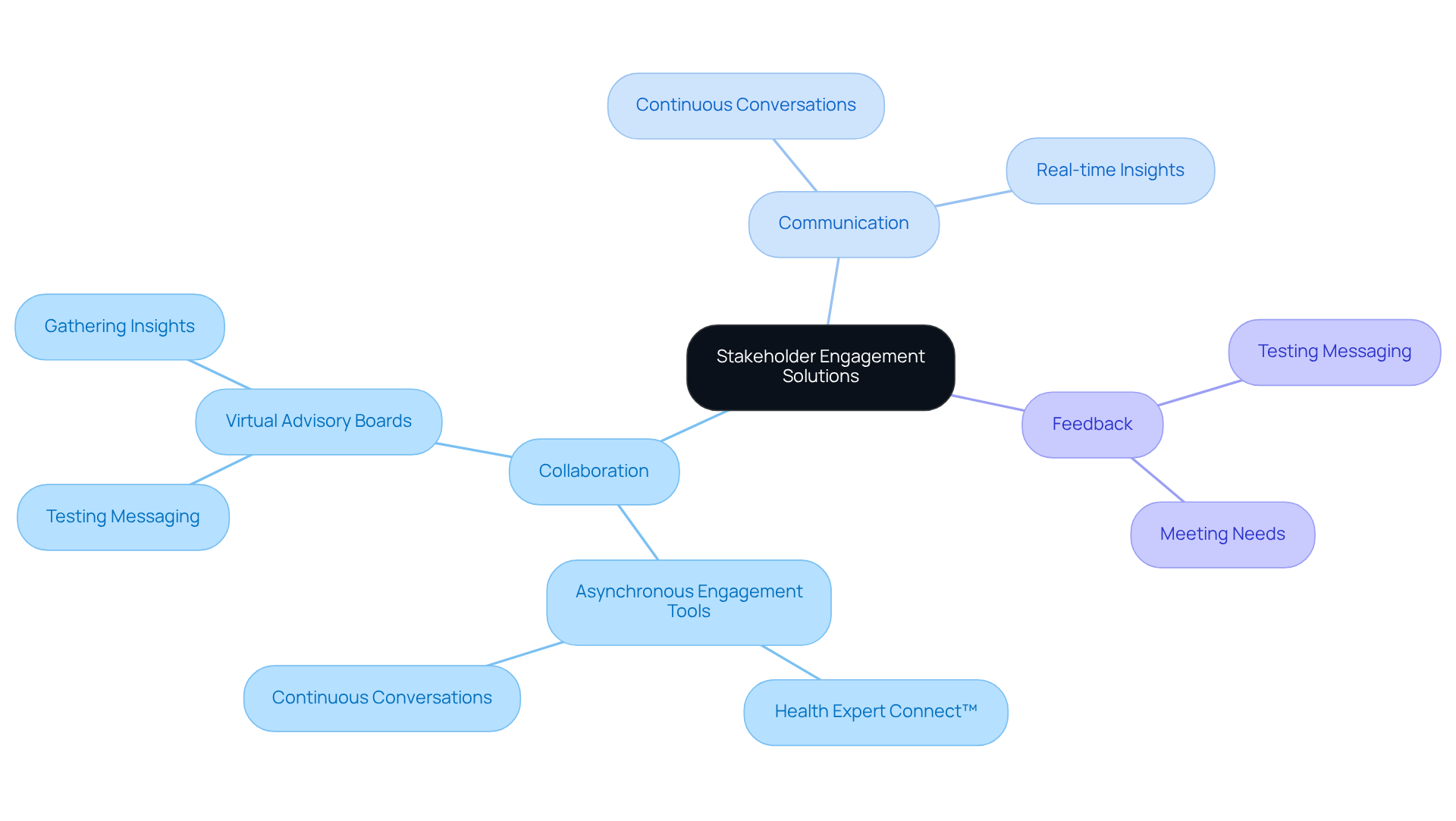 The central node represents the main theme of stakeholder engagement, while the branches illustrate different strategies and their benefits. Each branch shows how these strategies contribute to successful market access and collaboration.