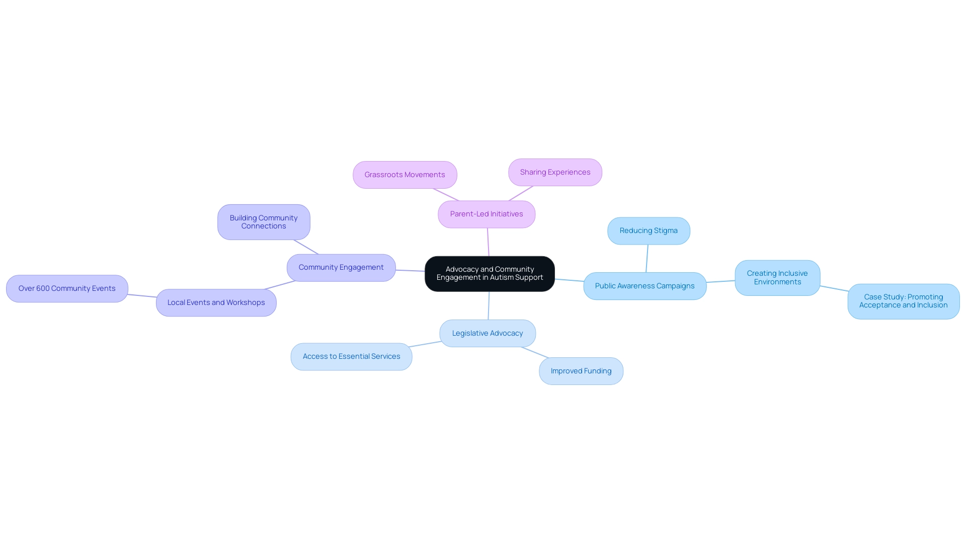 The central node represents the overall theme of advocacy, with branches for each main component of community engagement efforts.