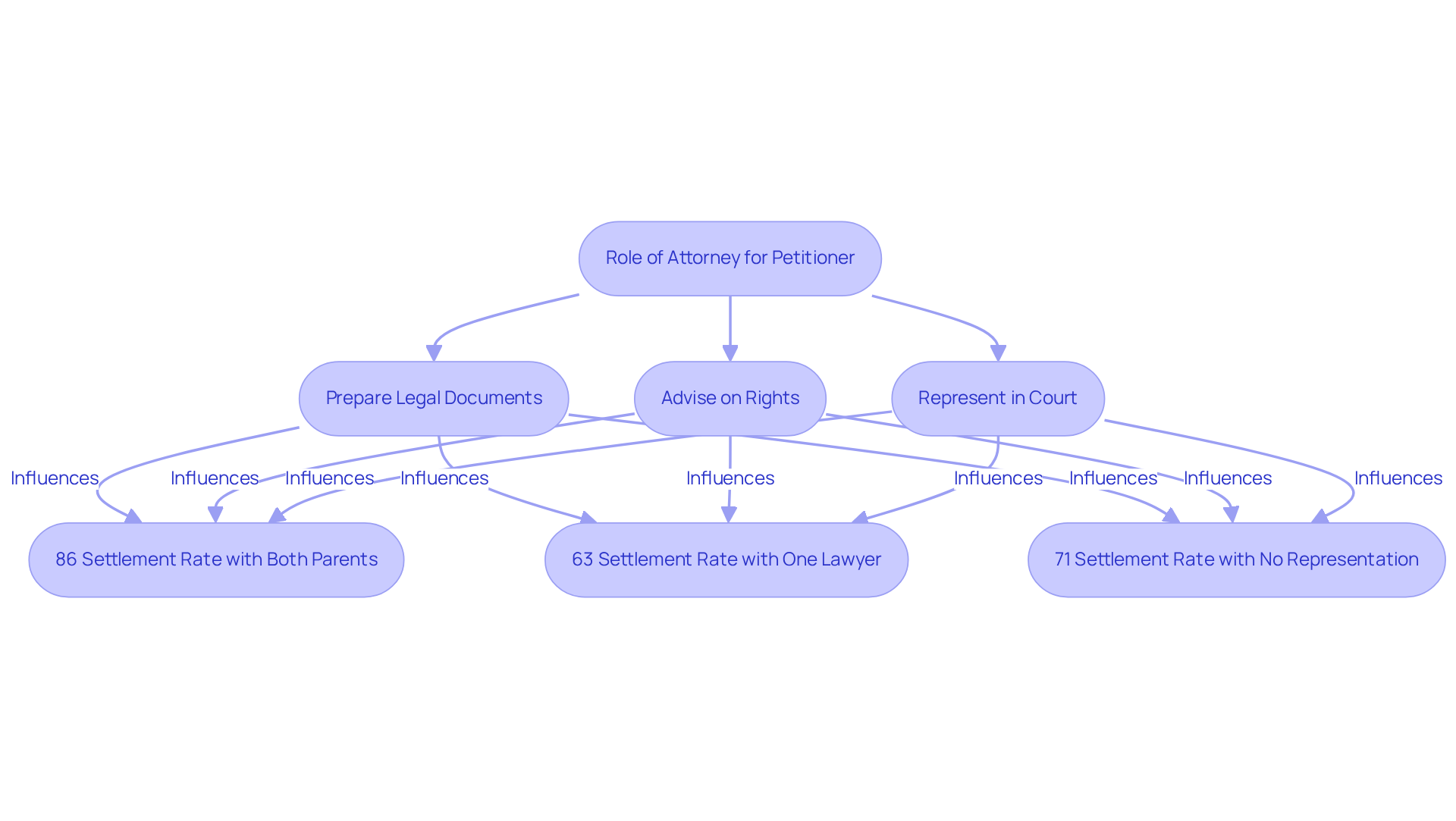 This flowchart shows the key responsibilities of an attorney for a petitioner and how their involvement can influence case outcomes. The boxes represent different duties, while the statistics highlight the importance of having legal representation in court.